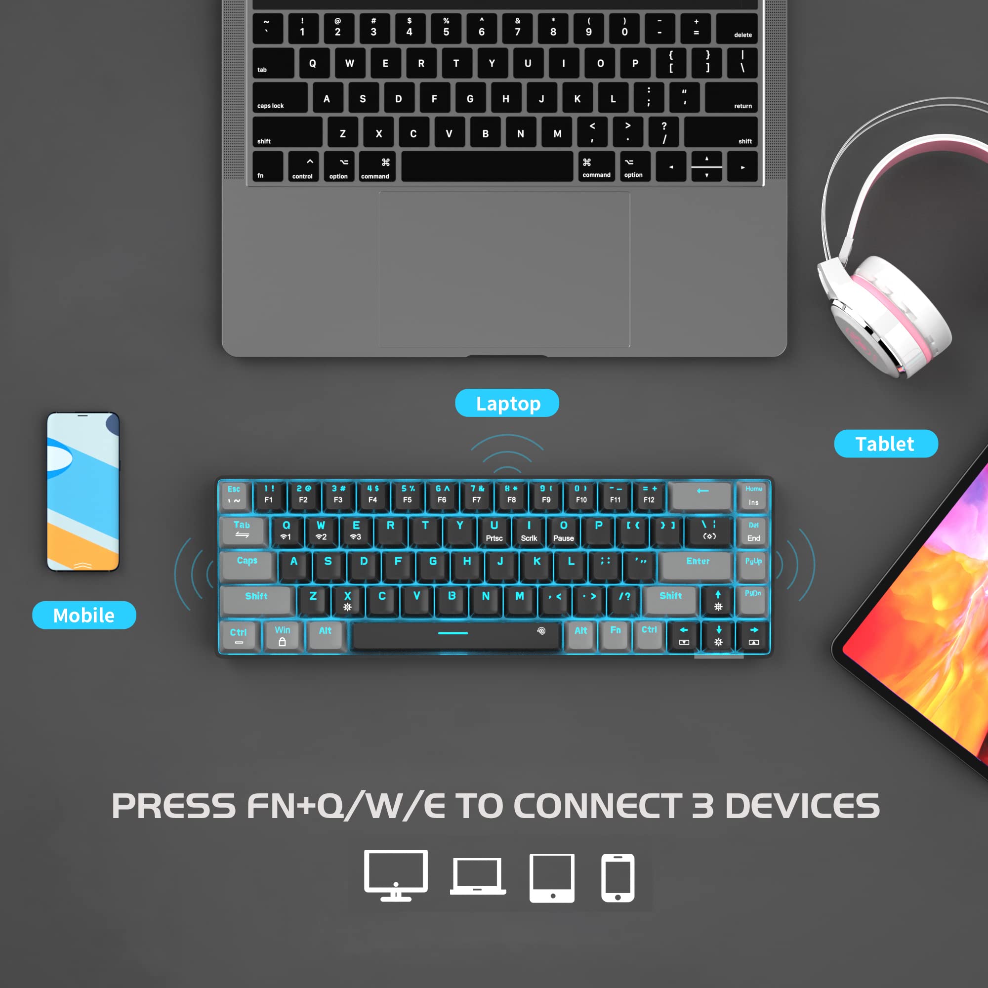 MageGee 60% Wired/Wireless Mechanical Gaming Keyboard with Red Switch, 68 Keys Compact LED Blue Backlit Mini USB-C Office Keyboard for PC Laptop Mac Smartphone, Black/Grey