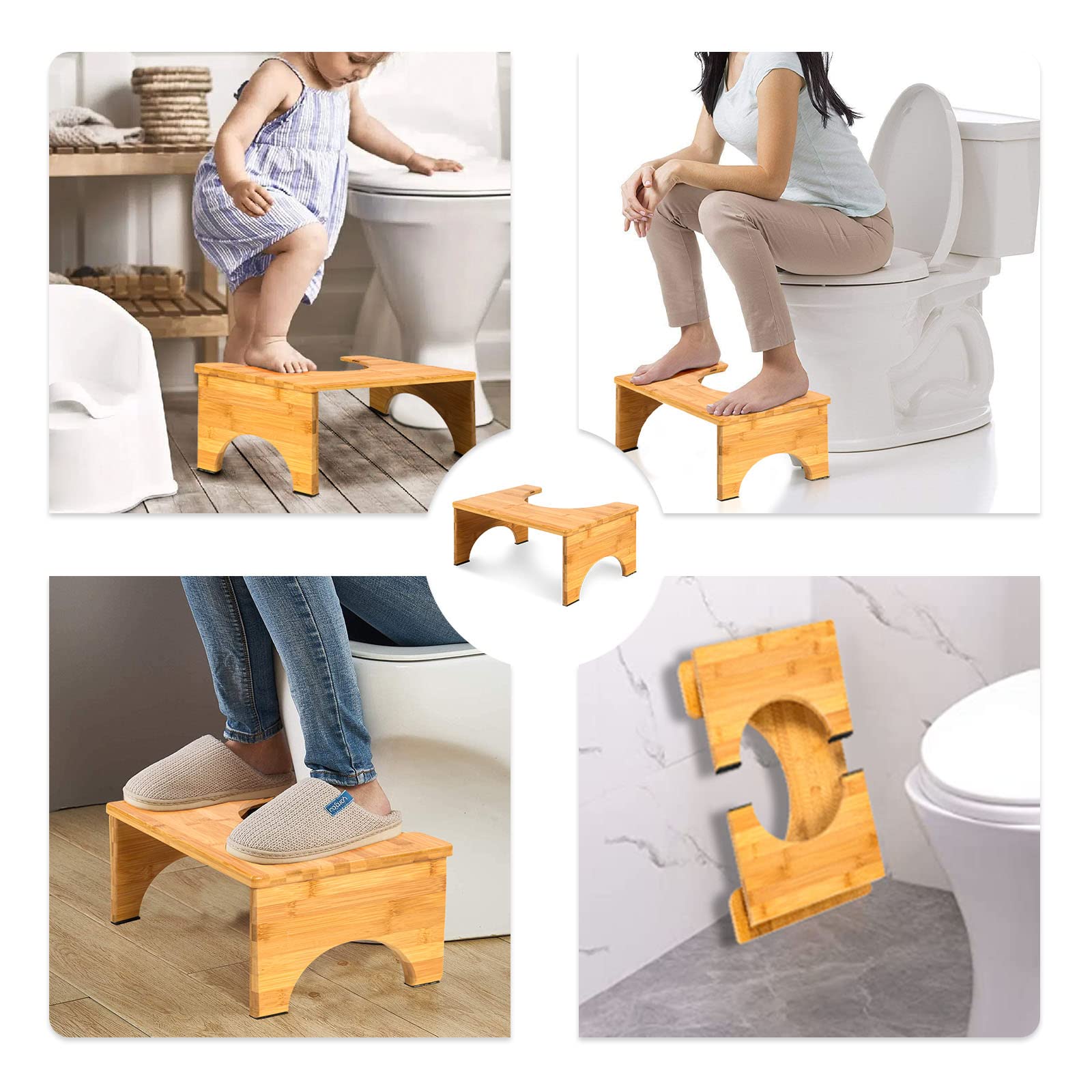 MPINOI Toilet Stool，7 Inch Potty Stool for Adults，Foldable Squatting Toilet Stool for Bathroom，Bamboo Toilet Stool Adults, with 12pcs Anti Slip Strip, 450 lbs Capability(7" Natural Color)