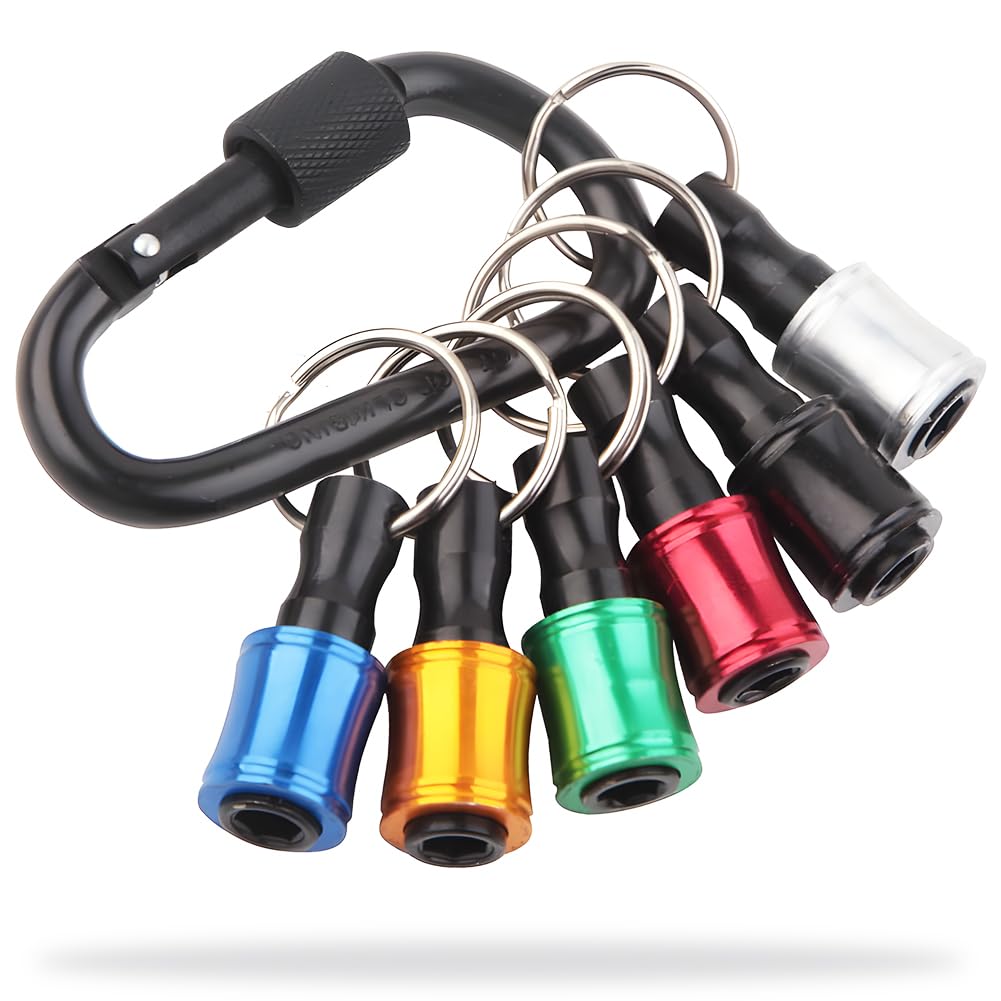 KUSONKEY Portable Keychain Drill Screw Adapter, 6pcs 1/4 inch Hex Shank Aluminum Alloy Screwdriver Bits Holder Upgraded Design, Lightweight and Quick- Change,Extension Bar with Black Carabiner