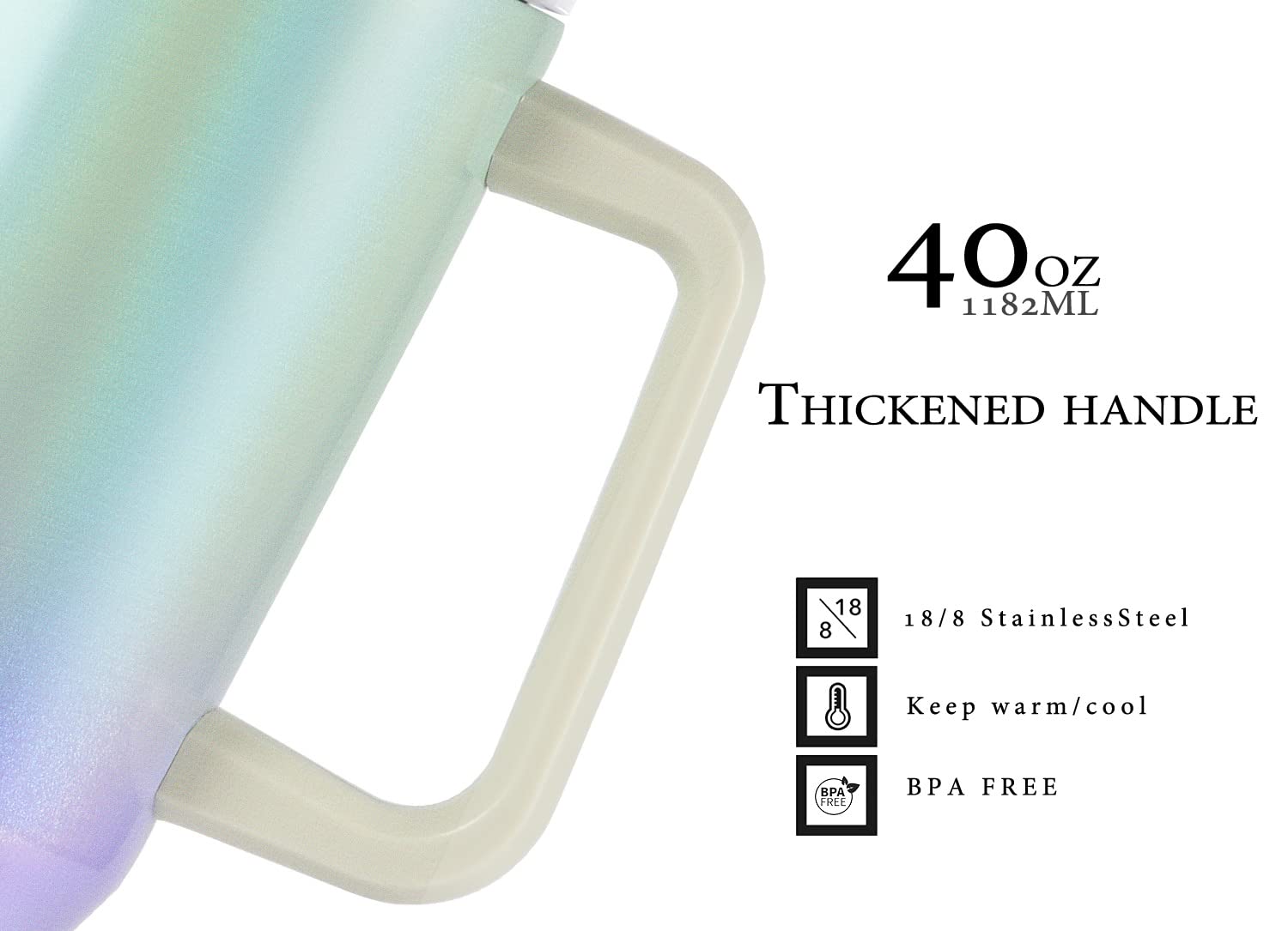 Murmioo 40OZ Tumbler with Handle and Straw,Insulated Leak Proof Stainless Steel Travel Mug,Reusable Water Bottle Cup,Maintains Cold, Heat, and Ice for Hours(Purple green gradient)