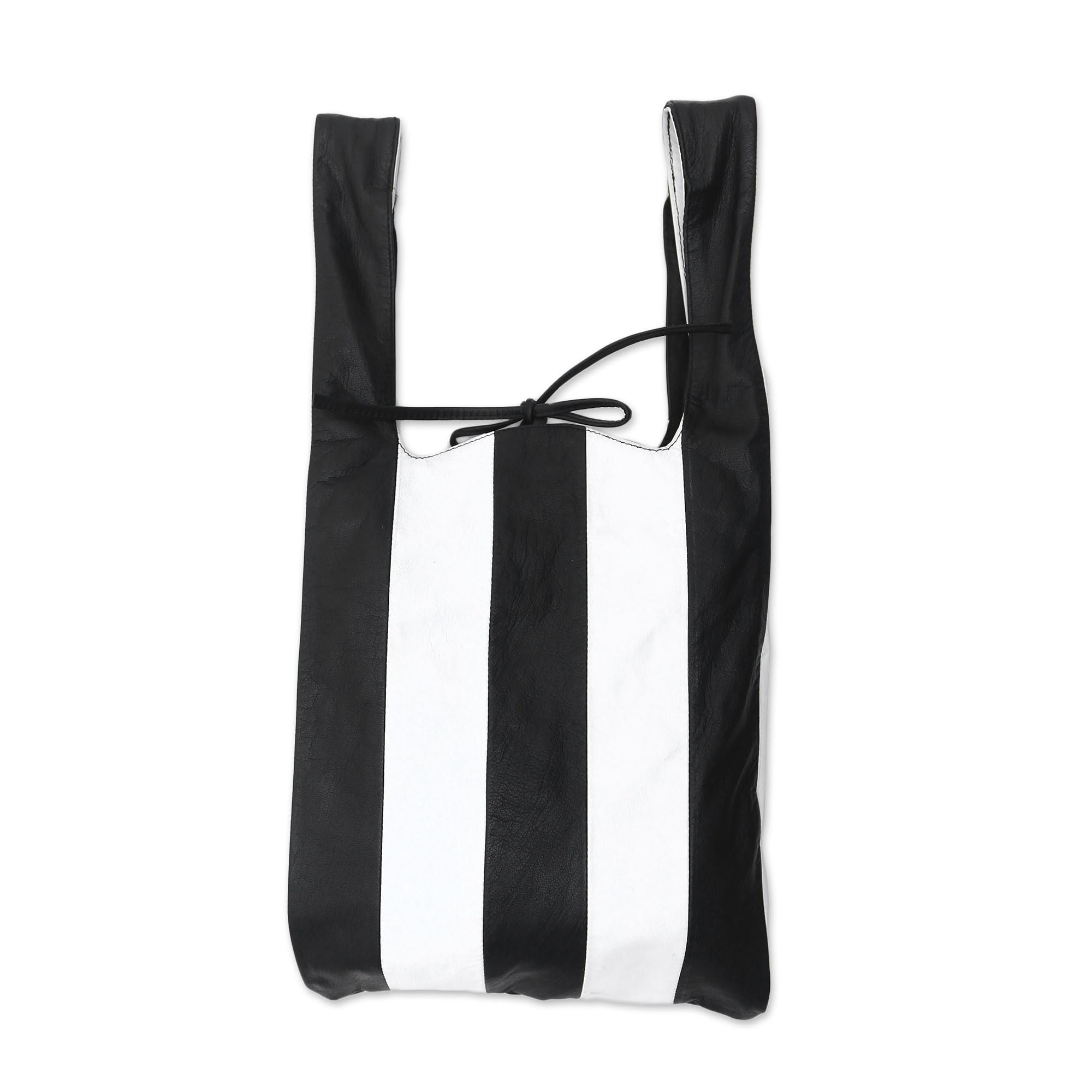 NOVICA Handmade Leather Tote Black White Striped from Bali Handbags Indonesia Modern 'Kresek Style'