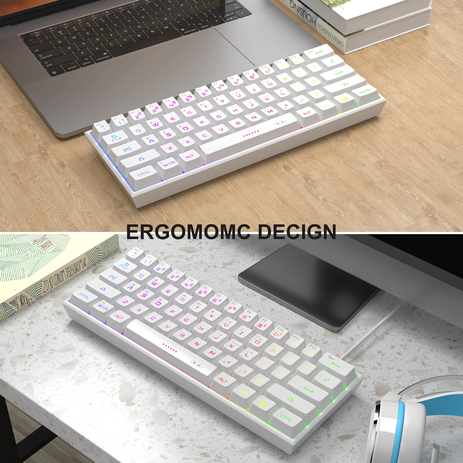 MageGee 60% Wired Gaming Keyboard, RGB Backlit Ultra-Compact Mini Keyboard, Waterproof 61 Keys Keycap Lettering Translucent Keyboard for PC/Mac Gamer, Typist, Easy to Carry on Business Trip(White)