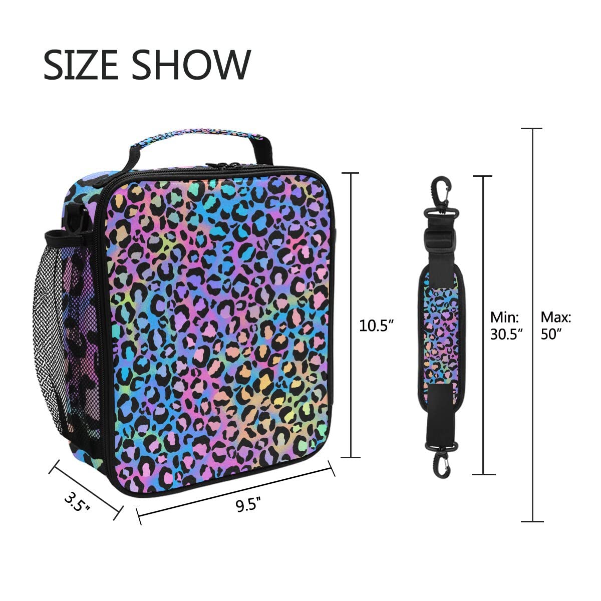 MNSRUU Lunch Bags for Boys Girls Student, Rainbow Leopard Reusable Insulated Lunch Cooler Bag Organizer Thermal Meal Tote Kit, Lunch Box with Adjustable Shoulder Strap