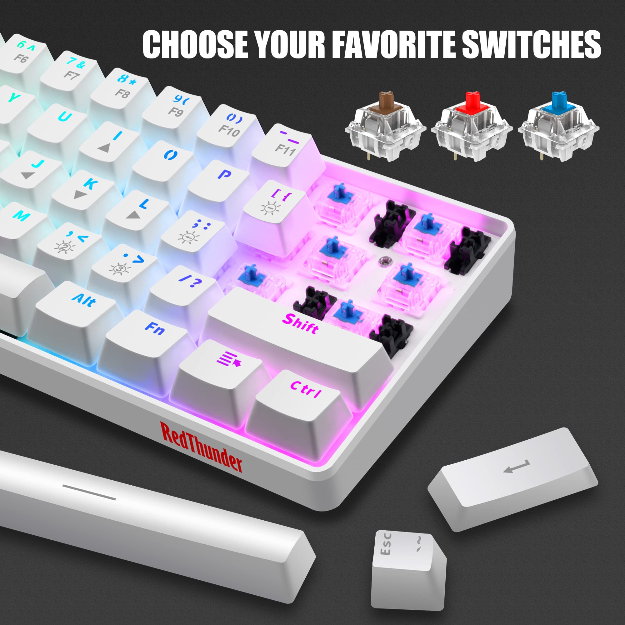 RedThunder 60% Wired Mechanical Gaming Keyboard, 61 Keys Ultra-Compact Keyboard, PBT Keycaps, RGB Backlight for PC (Red Switch, White)