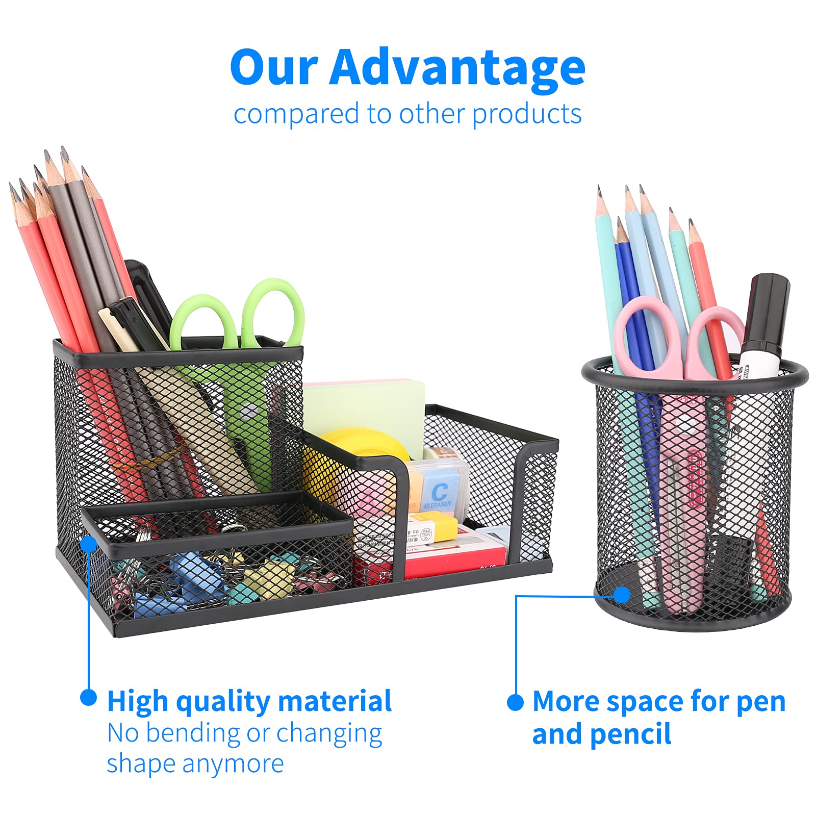 KeFanta Pen Holder Pencil Holders for Desk Pencil Cup,4 Compartments Pen and Pencil Holders,2 Piece Mesh Stationery Organizer for Office Desk,Black Office Supplies Accessory for Desktop