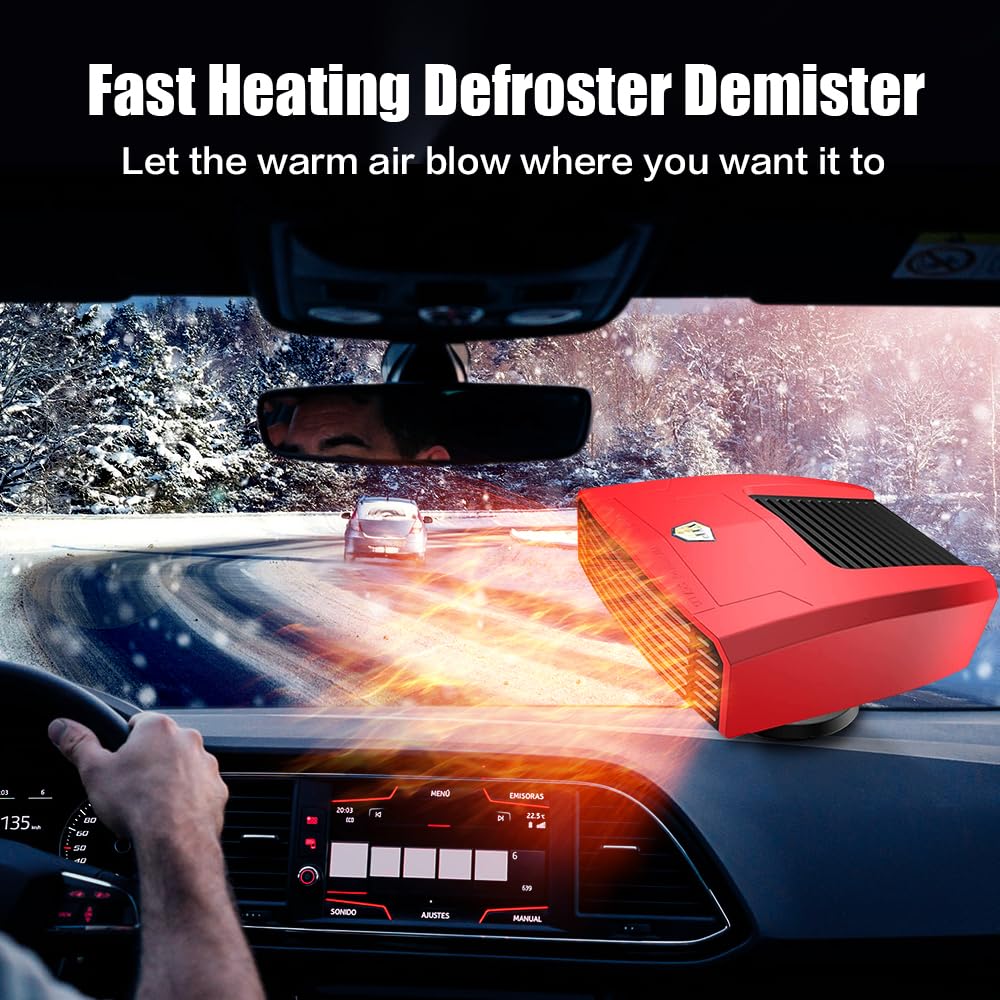 KUTUKU Car Defogger Defroster 2-in-1 Portable Car Fan with Air Purification 12V 150W Fast Heating Quickly Auto Heater Cooling Fan Automobile Windscreen Fan in Cigarette Lighter (Red)