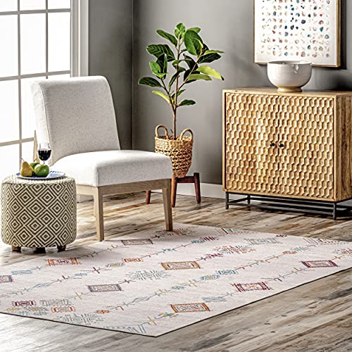 nuLOOM Kiya Machine Washable Moroccan Tribal Geometric Ultra Thin Area Rug, 6' x 9', Light Grey