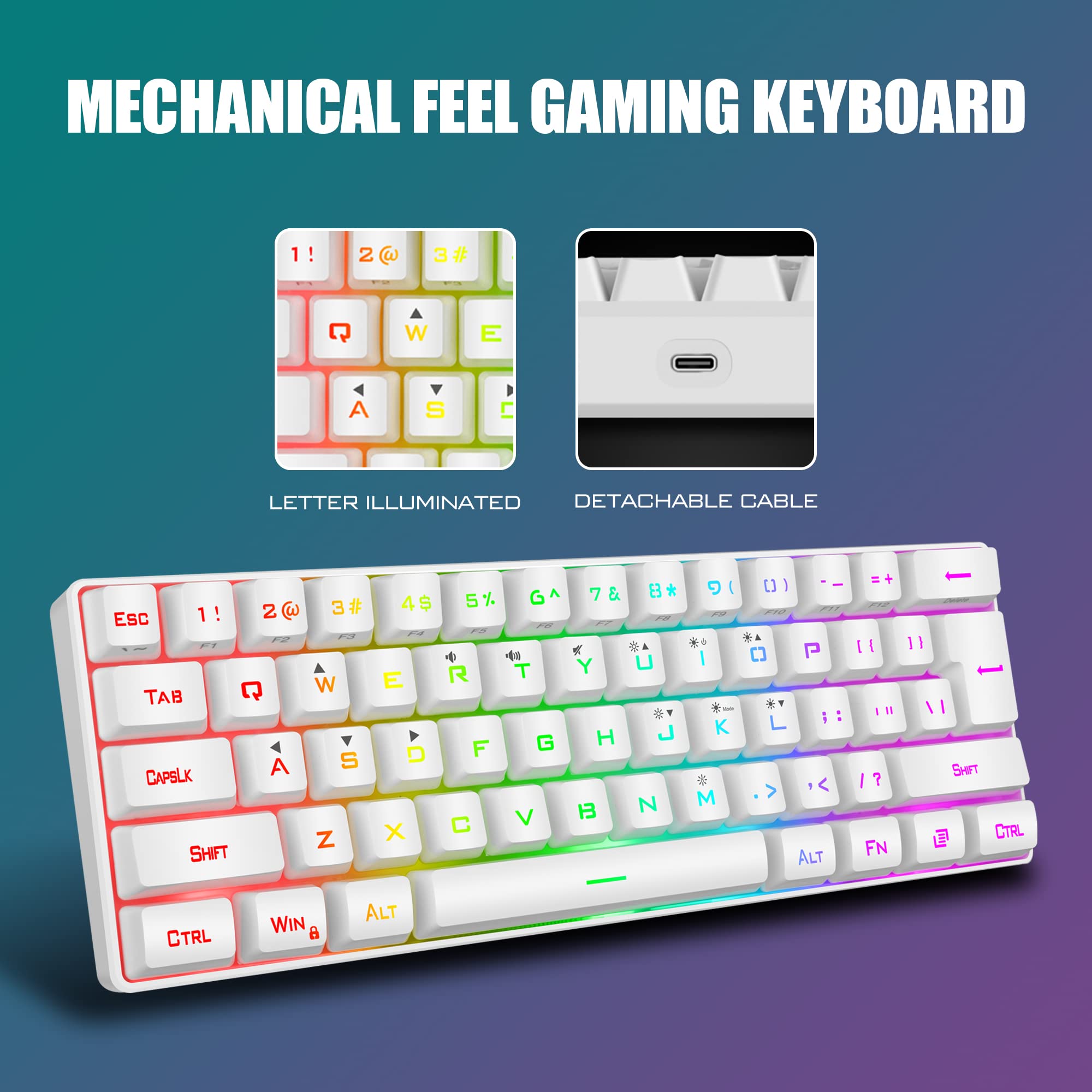 RedThunder 60% Gaming Keyboard, RGB Backlit Ultra-Compact Mini Keyboard, Quiet Ergonomic Water-Resistant Mechanical Feeling Keyboard for PC, MAC, PS4, Xbox ONE Gamer(White)
