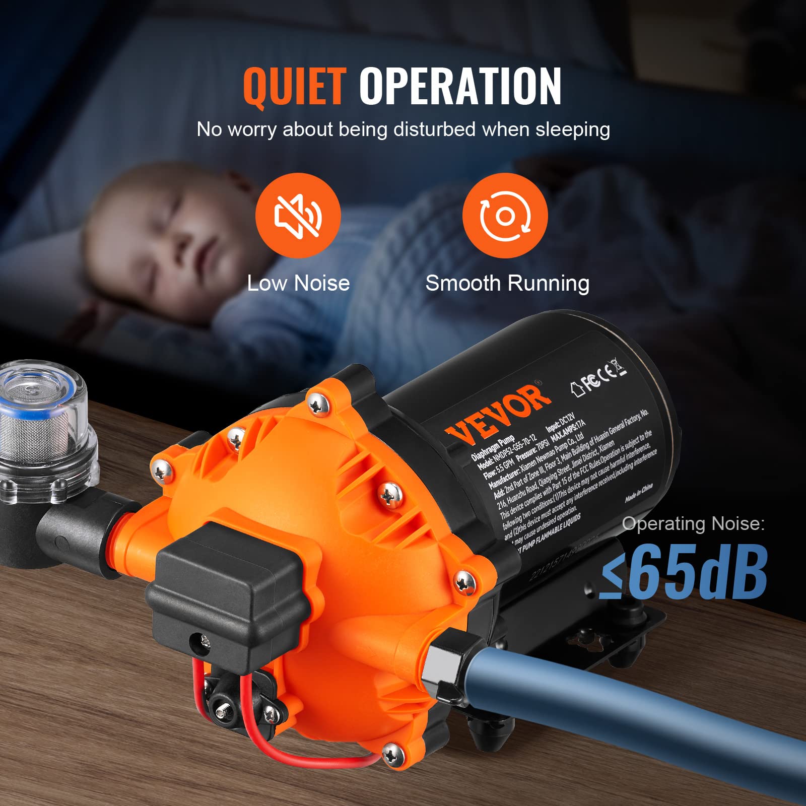 VEVOR Water Diaphragm Pump, 12V DC, 5.5 GPM Flow, 70 PSI Rated Pressure (40-100 PSI Adjustable), 1/2" MNPT Self Priming Sprayer Pump with Pressure Switch for Car Washing, Agricultural Irrigation