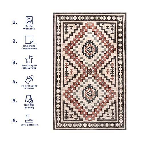 nuLOOM Leighton Machine Washable Southwestern Medallion Ultra Thin Area Rug, 6x9, Beige