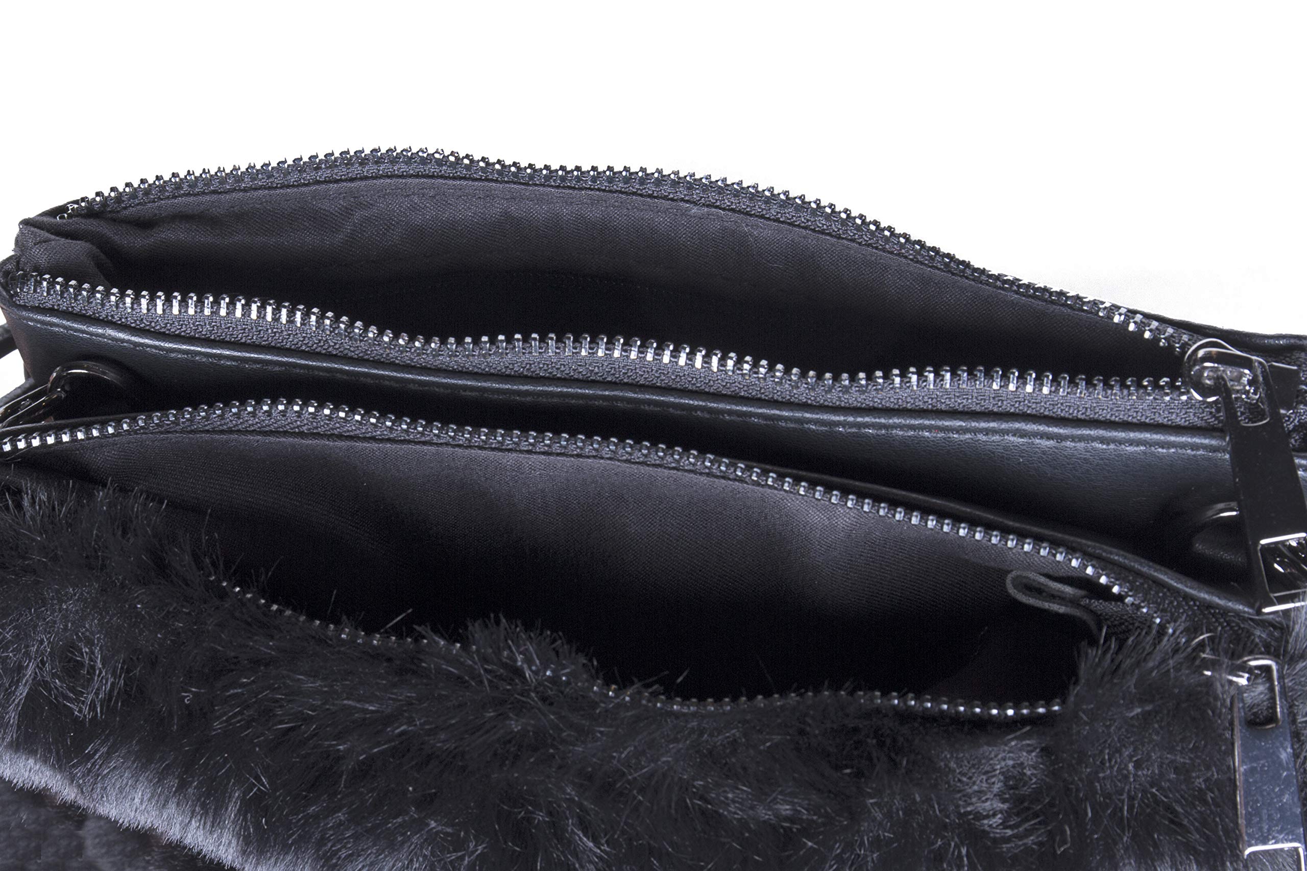 Luxe L 100% Faux Fur Clutch Handbag for Women Soft Modern Purse Wallet with 2-Zippered Compartments, Black