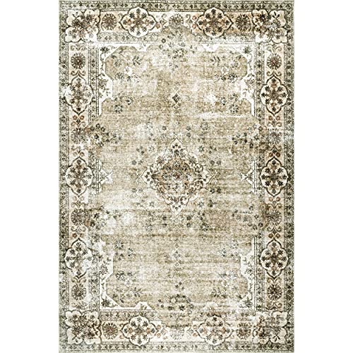 nuLOOM Paisley Machine Washable Faded Floral Border Medallion Ultra Thin Area Rug, 8' x 10', Beige