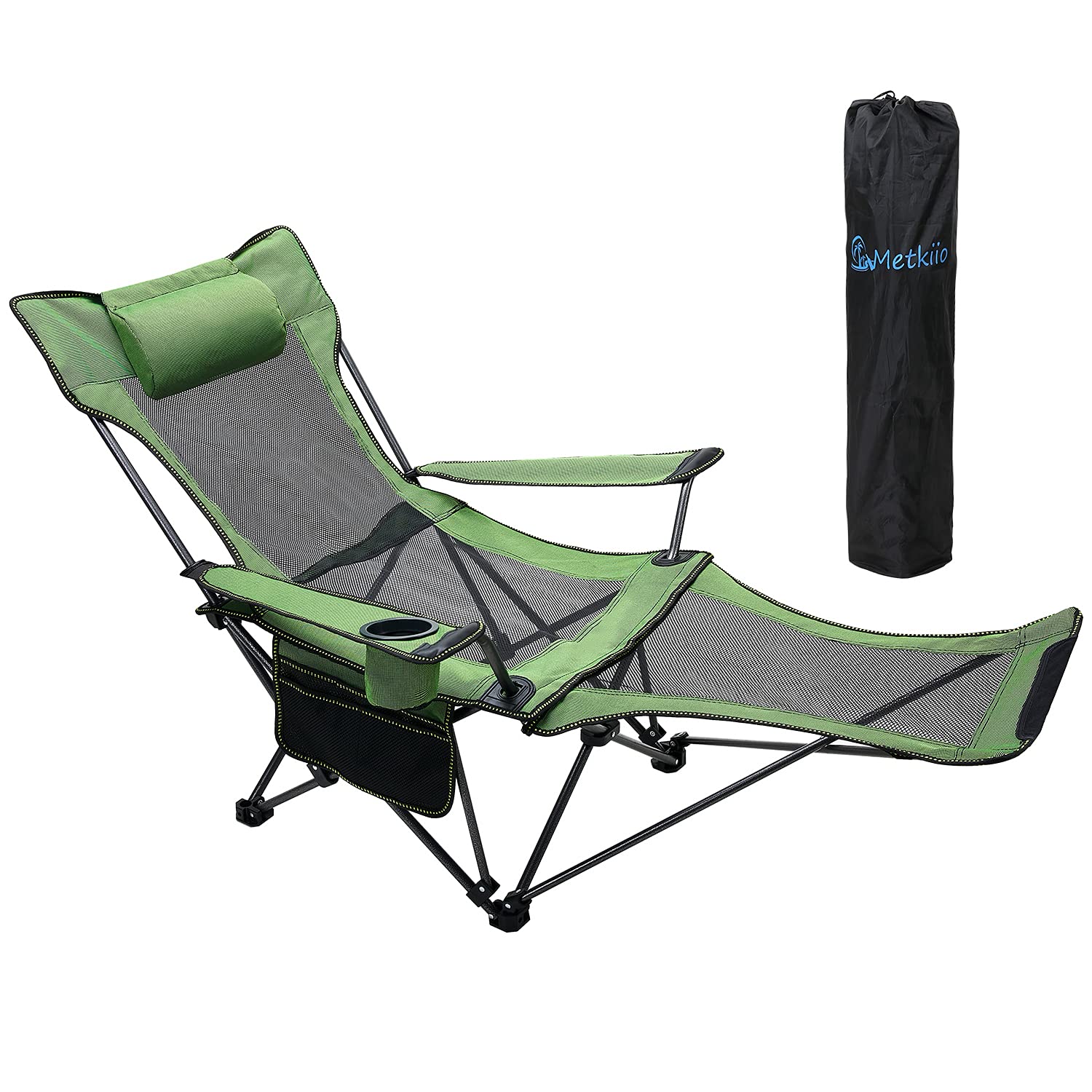 METKIIO Portable Camping Chair with Adult Detachable Footrest Mesh Folding Recliner, Green