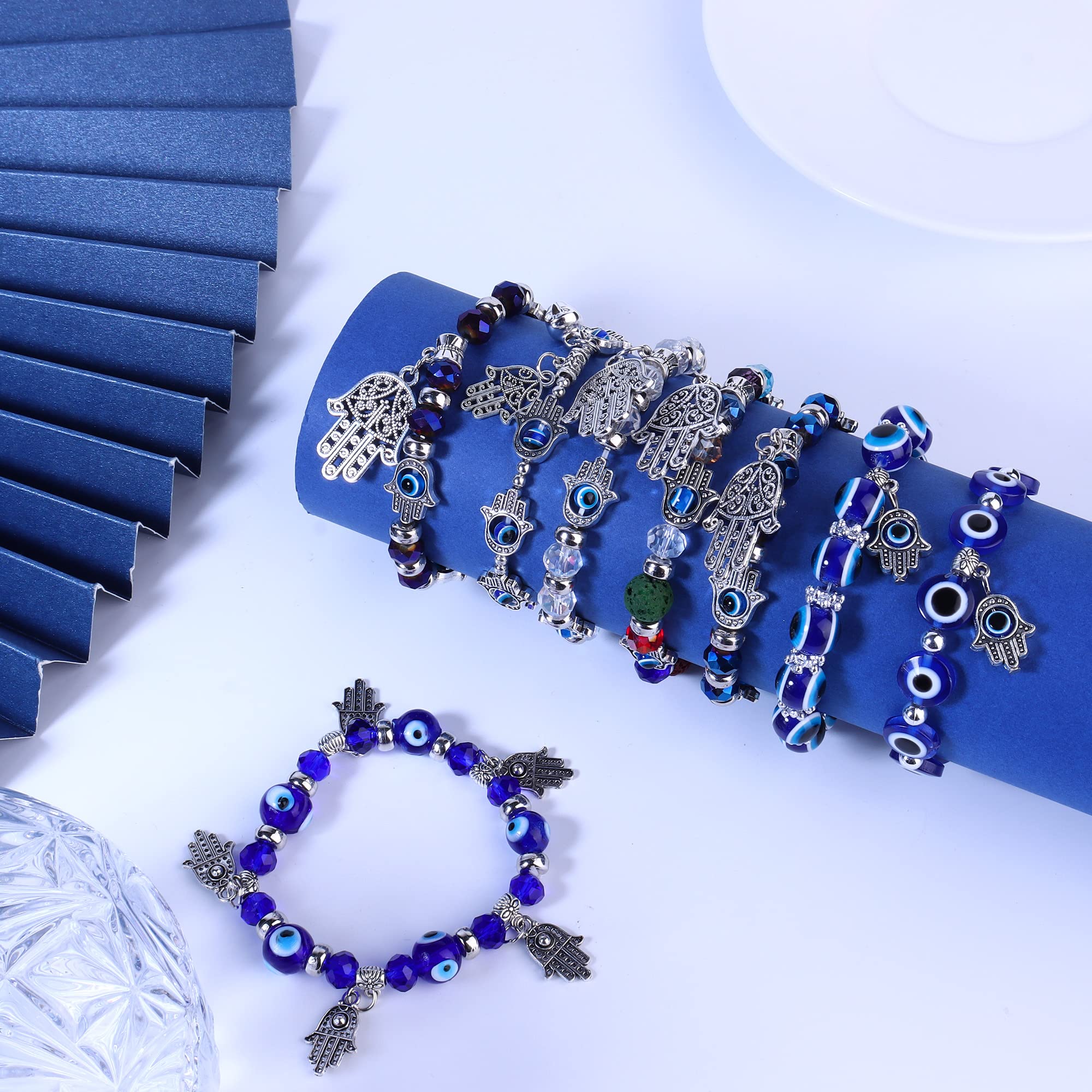 Magitaco 8PCS Evil Eye Beaded Bracelets for Women Men Blue Eye Hamsa Hand Charm Stretch Bracelet Lucky Bracelet for Protection and Blessing
