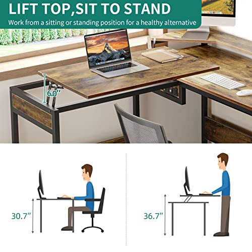 YITAHOME L Shaped Desk with File Drawer, 65" Large Computer Desk Corner Desk with Lift Top, Standing Desk Height Adjustable with Monitor Stand & Storage Shelves for Home Office, Rustic Brown