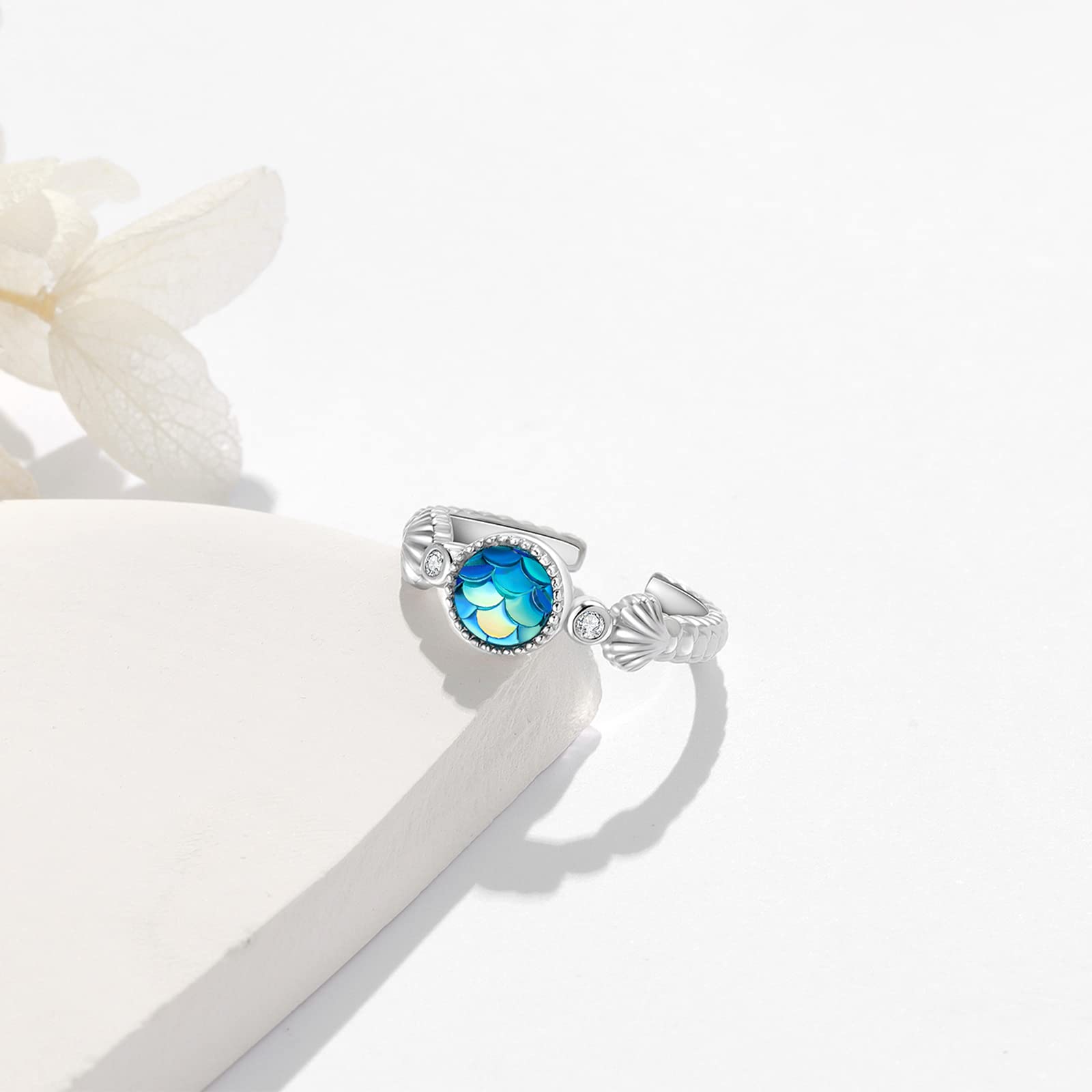 Sea Shell Ring Mermaid Scale Ring 925 Sterling Silver Adjustable Mermaid Rings Seashell Jewelry Gifts for Women