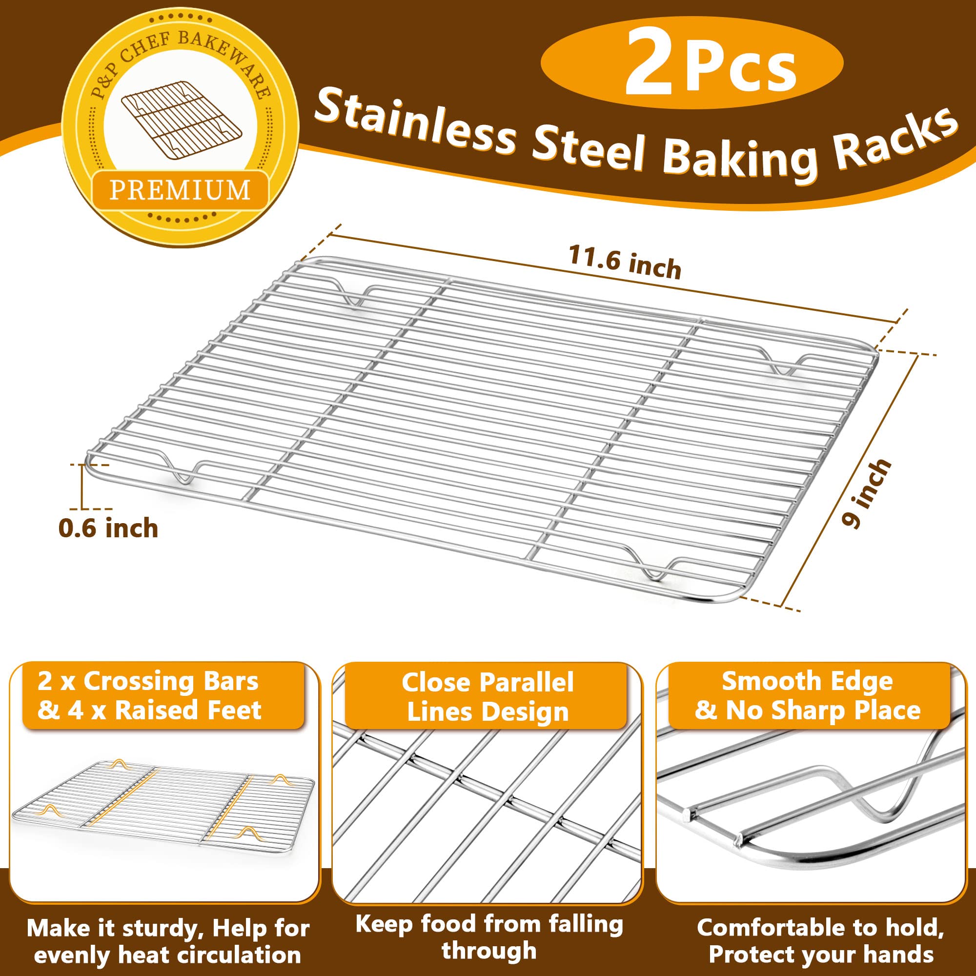 P&P CHEF 12.5 Inch Toaster Oven Pan and Rack Set,4 Pieces Stainless Steel Baking Pan Oven Trays with Cooling Rack, Non Toxic & Dishwasher Safe,2 Pans + 2 Racks