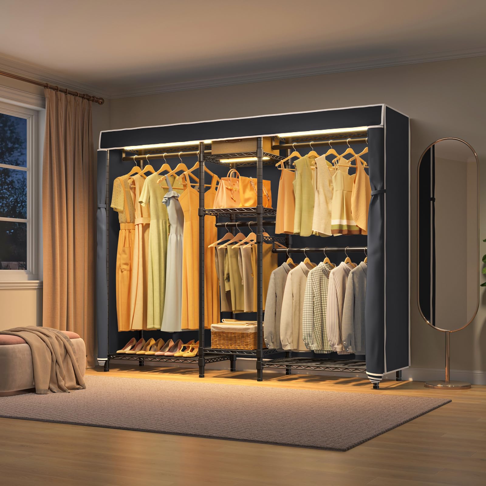 VIPEK V6L Covered Garment Rack Heavy Duty Clothes Rack with Cover and Dimmable LED Lights, Portable Closet Wardrobe Freestanding Clothing Rack for Hanging Clothes, Black Closet Rack with Black Cover