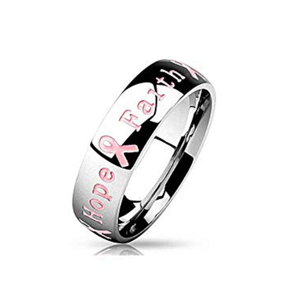 Luxe Modz Women’s Inspirational Breast Cancer Awareness Ring, Stainless Steel, Courage Hope Faith Pink Ribbon Charm Ring, Size 10, 6mm Wide, Stylish & Comfortable, Breast Cancer Survivor Gift