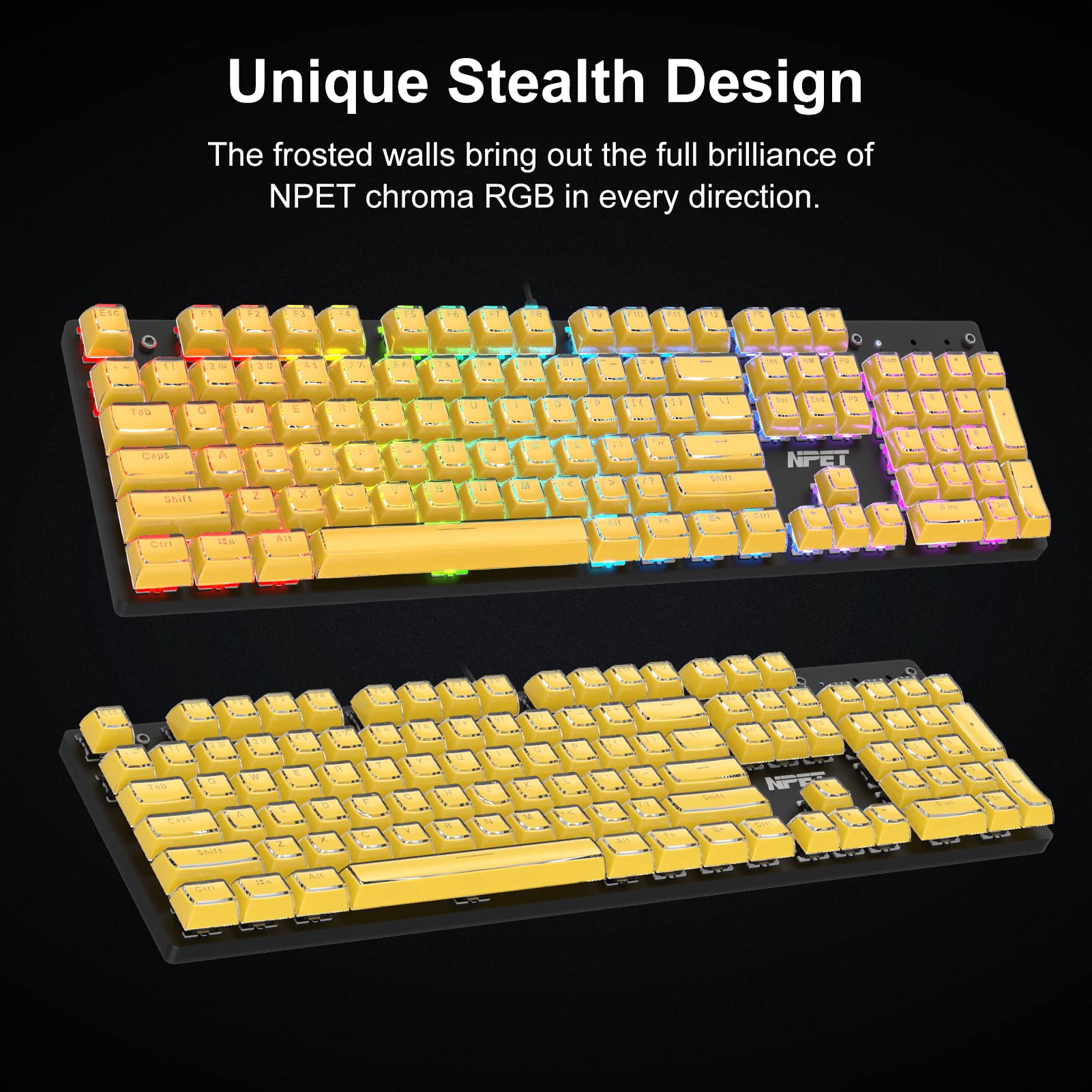 NPET KC30-03 Doubleshot Keycap Set with Translucent Layer, Crystal Keycaps for Mechanical Keyboards, Standard 104 Key Set, US Layout, Yellow