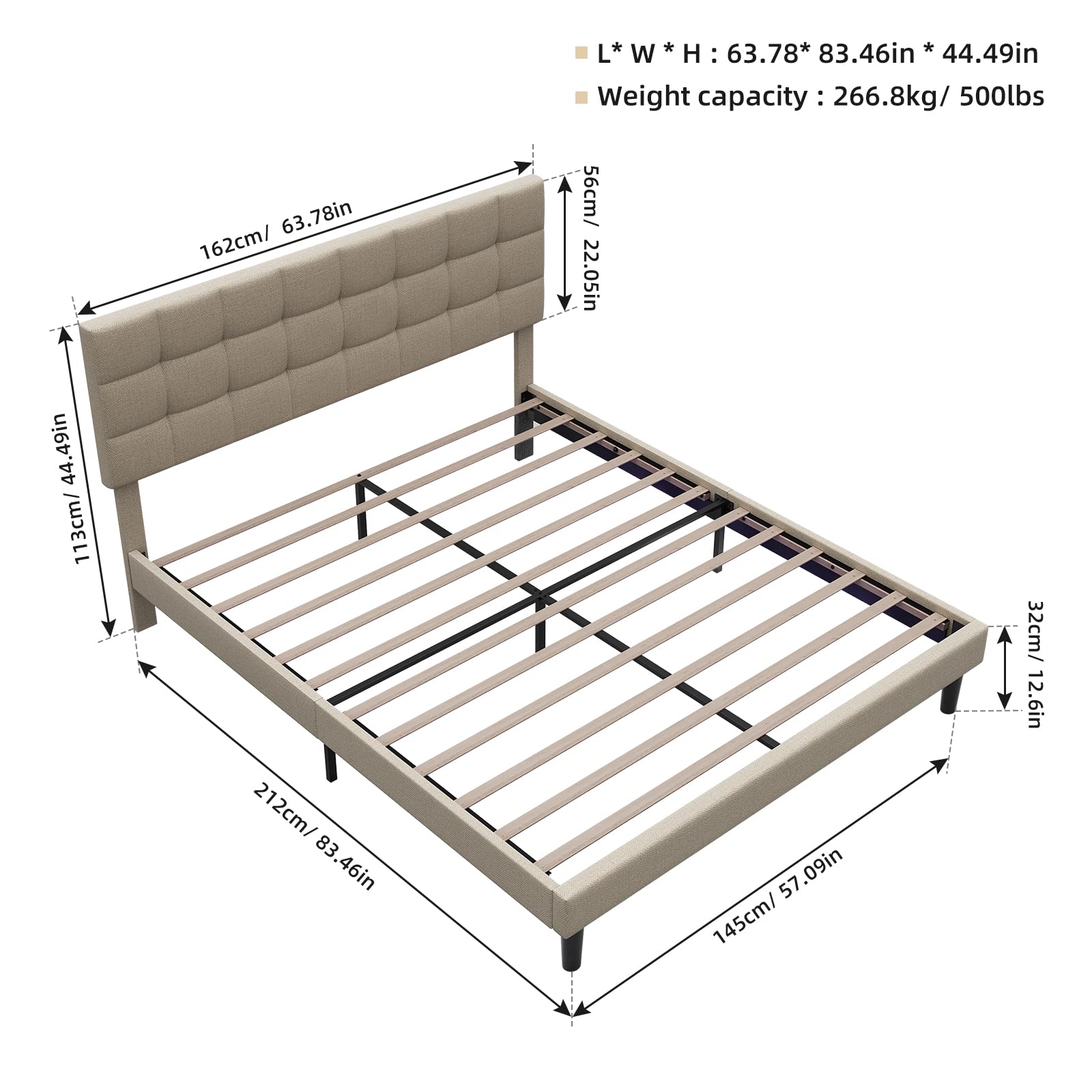 Kelfluxion Queen Size Upholstered Platform Bed Linen Bed Frame with Lights Square Stitched Adjustable Headboard Strong Bed Slats System No Box Spring Needed (Beige)