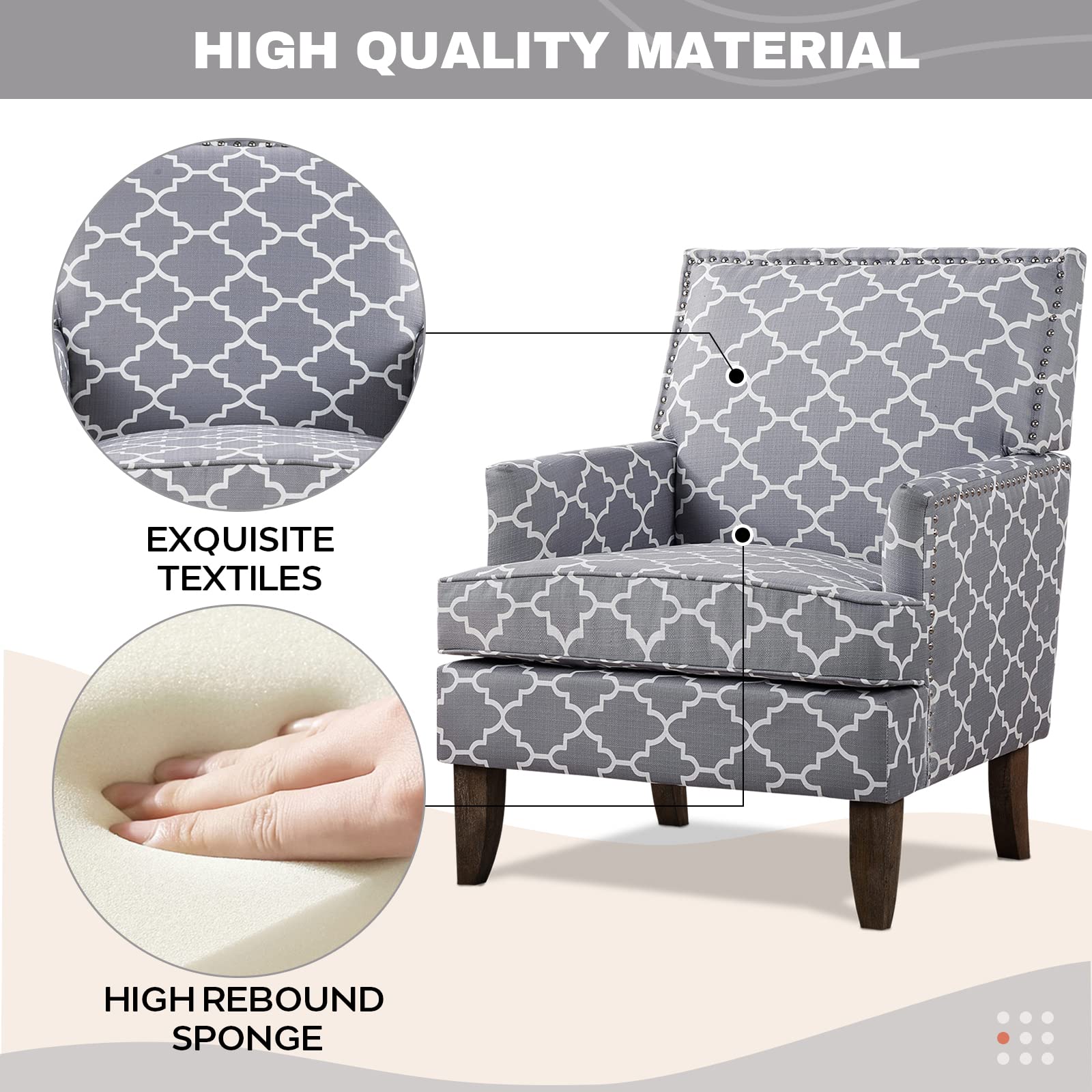 KUVENQIW Modern Accent Chairs,Nailhead Trim Club Chair,Linen Fabric Sofa Chair,Upholstered Button Tufted Armchair,Reading Chair (Grey Pattern)