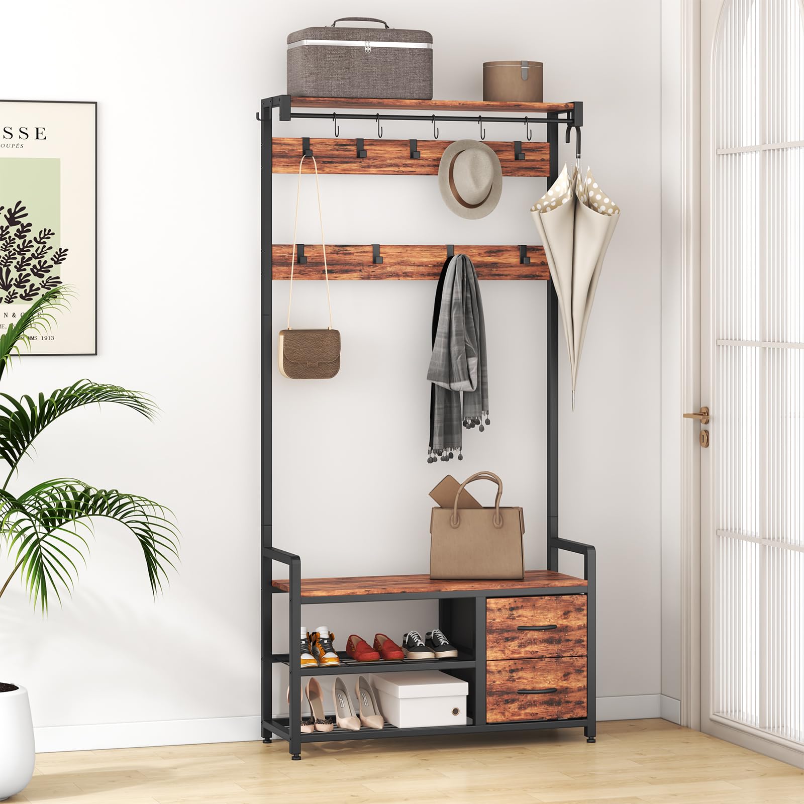ZERDER Coat Rack, Hall Tree with Shoe Bench for Entryway, Entryway Bench with Coat Rack, 3-Tier Shelves, 1 Hanging Rod and 8 Hooks,