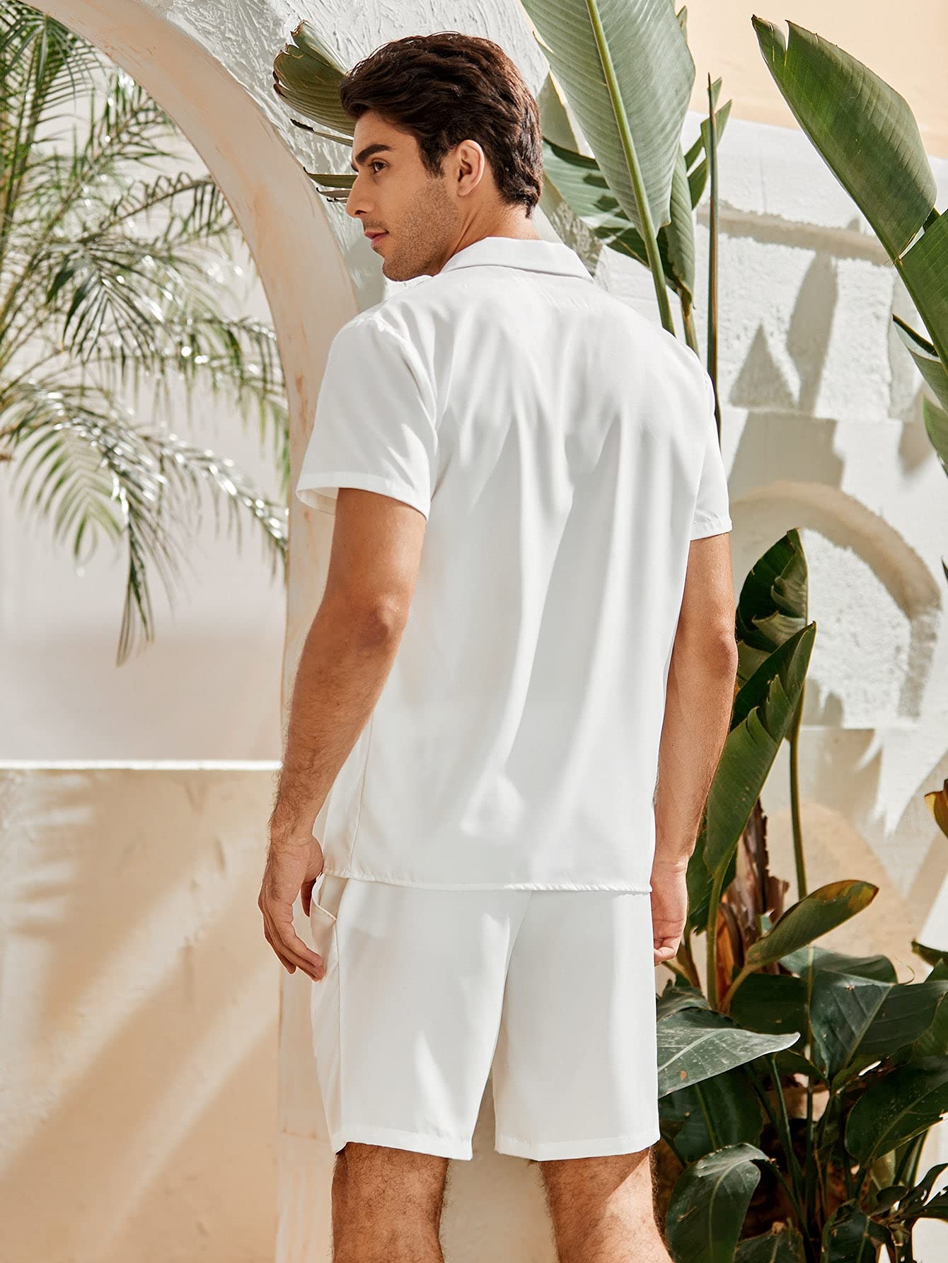 MakeMeChic Men's 2 Piece Button Down Short Sleeve Shirt Top and Shorts Set White XXL