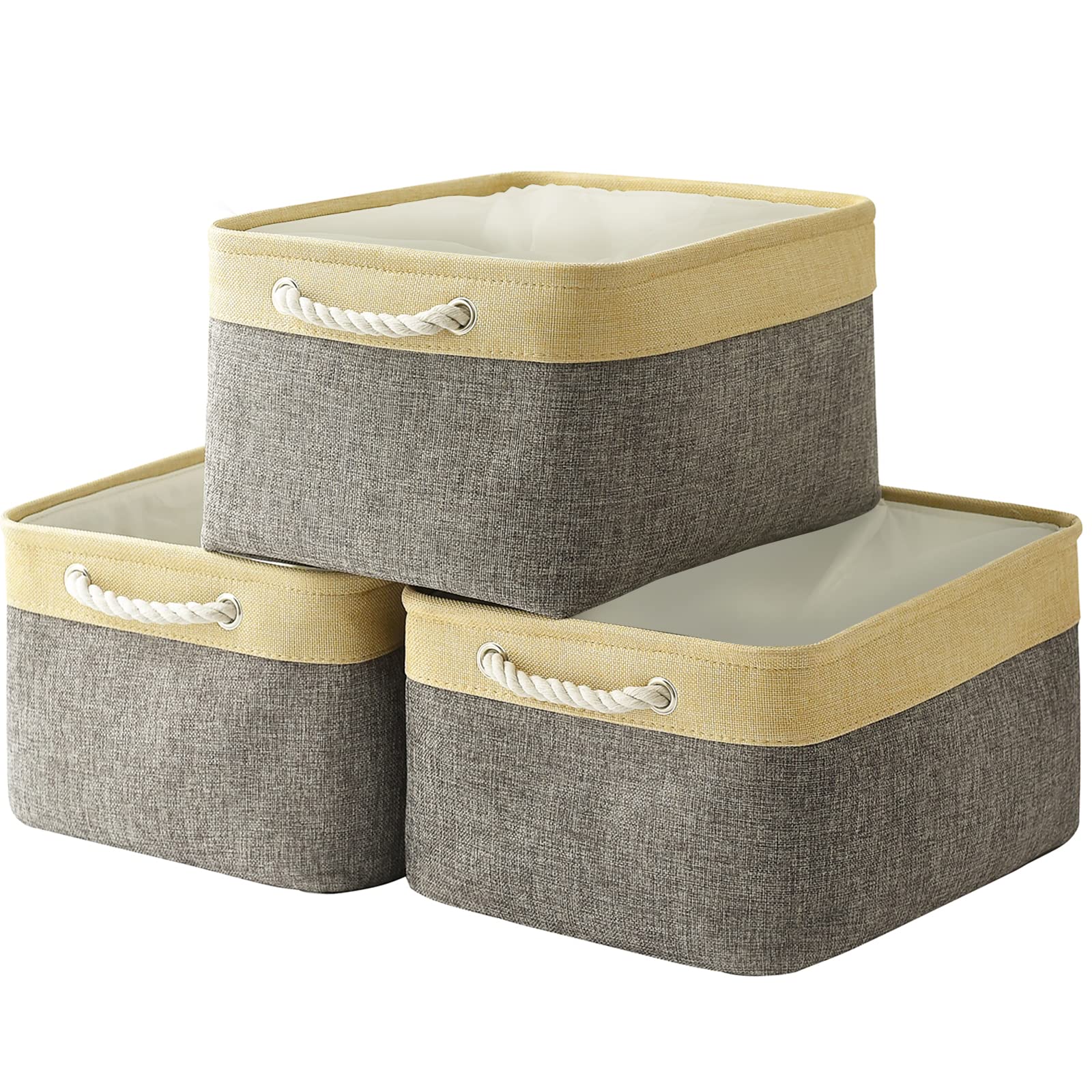Tegance Storage Baskets Bins for Organizing, Foldable Sturdy Fabric Basket WHandles, Large Rectangular Decorative Storage Basket for Shelves Nursery Closet Toy Blanket， Grey&Gold (3 Pack