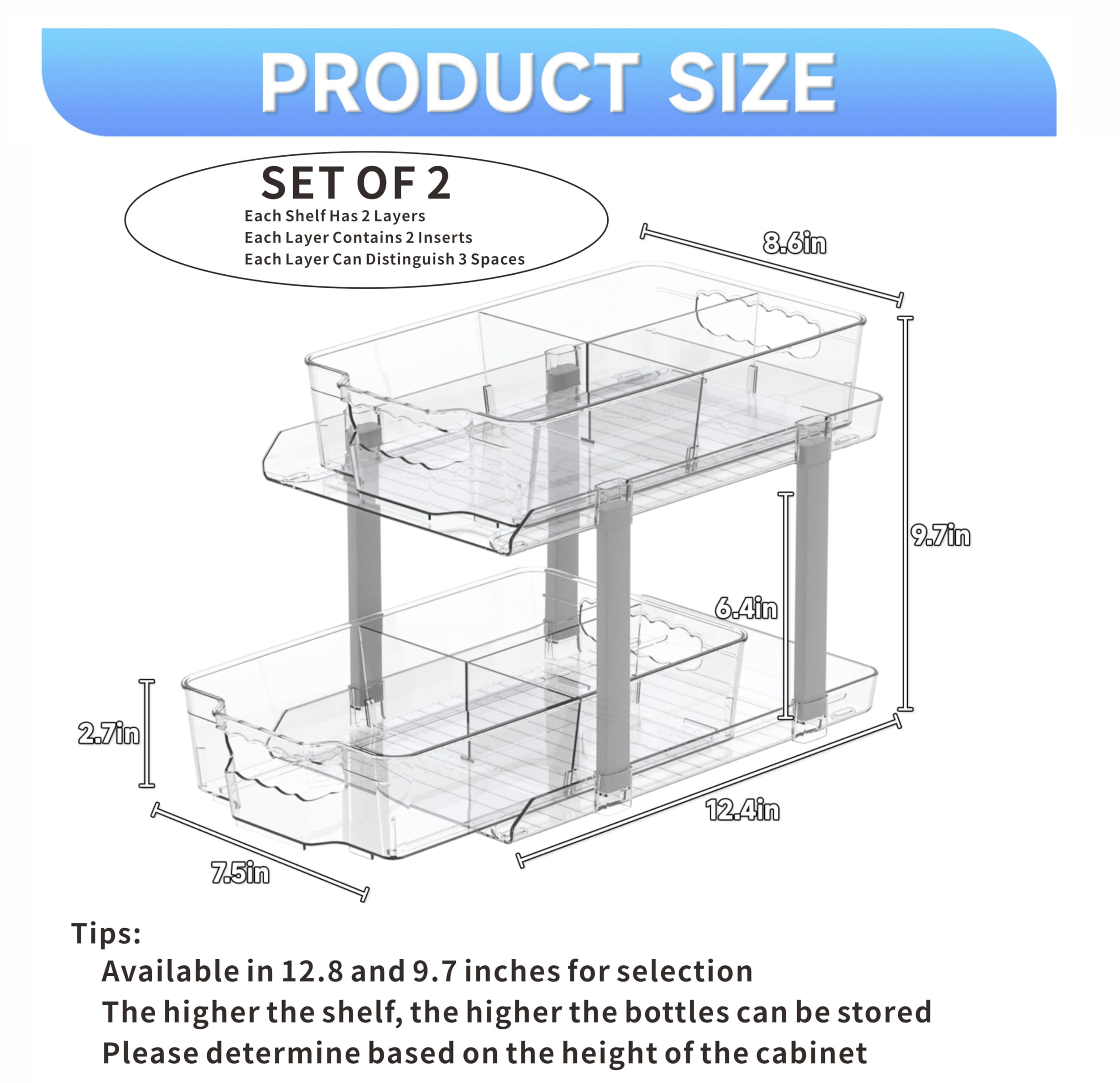 Yieach 2 Sets 9.7" Tall Under Sink Organizers And Storage,Multi-Purpose 2 Tier Under Bathroom Sink Organizer and Under Cabinet Storage,Clear Pull Out Medicine Cabinet Organizer With 8 Movable Dividers