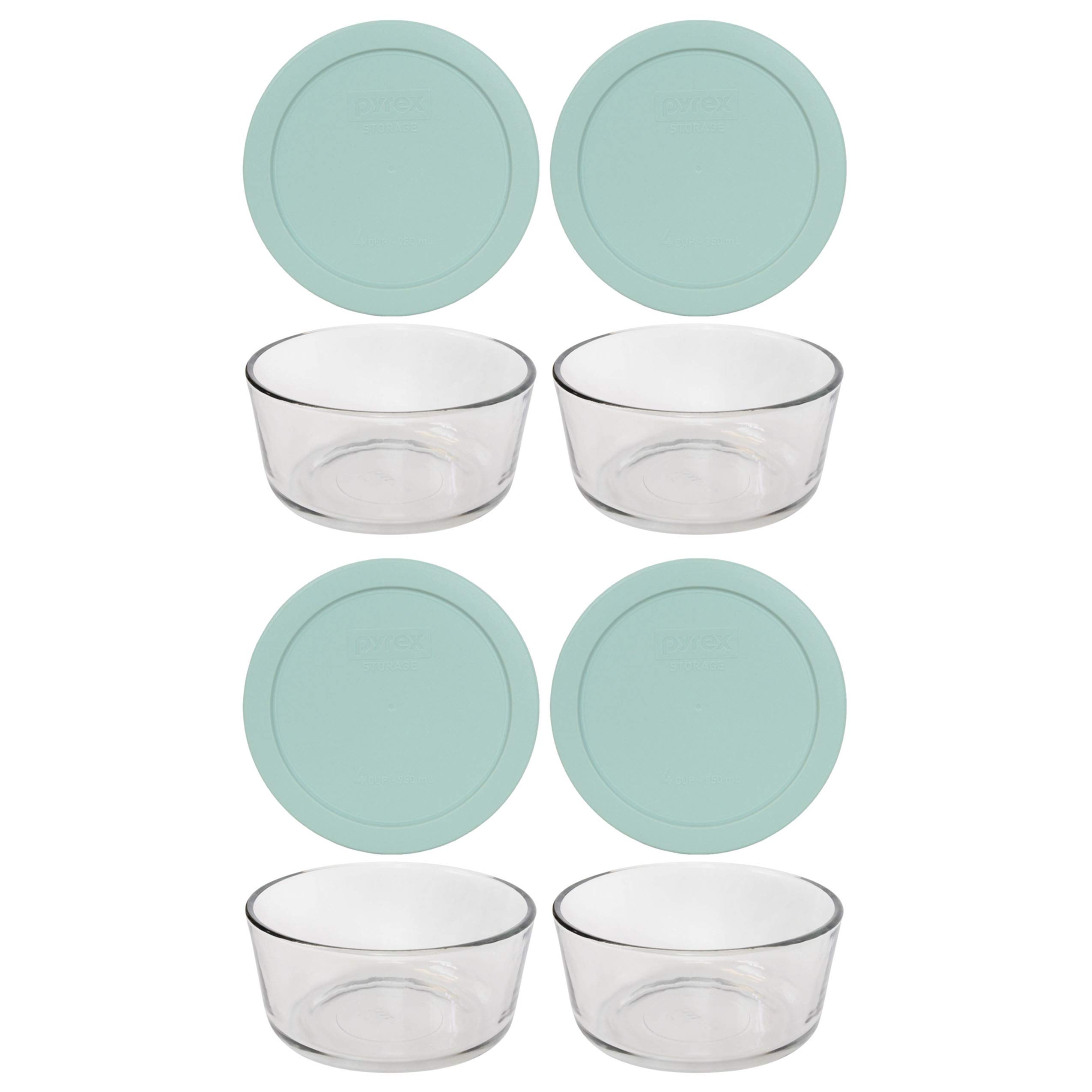 Pyrex (4 7201 4 cup Glass Dishes & (4) 7201-PC 4 Cup Muddy Aqua Lids Made in the USA