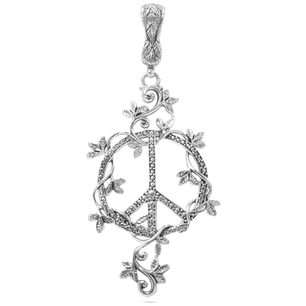 SARDA - .925 Sterling Silver Flat Jawan & Leaves Openwork Peace Promise 3-5/8" x 1-5/8" Enhancer Pendant - Handmade by Bali Artisans
