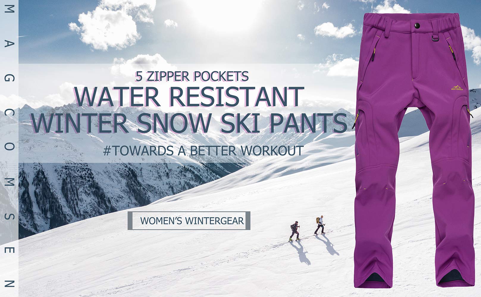 MAGCOMSEN Women's Fleece Lined Softshell Pants Winter Sports Snow Ski Hiking Pants with Multi-Pockets (Purple, 30W x 30L)
