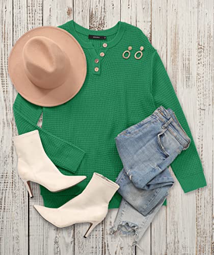 ZESICA Women's 2023 Casual V Neck Sweater Loose Long Sleeve Waffle Knit Button Henley Pullover Jumper Top,Green,Small