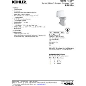 KOHLER 3810-RA-0 Santa Rosa One-Piece Compact Elongated Toilet, Comfort Height, Chair Height High-Efficiency Toilet, 1.28 GPF, White