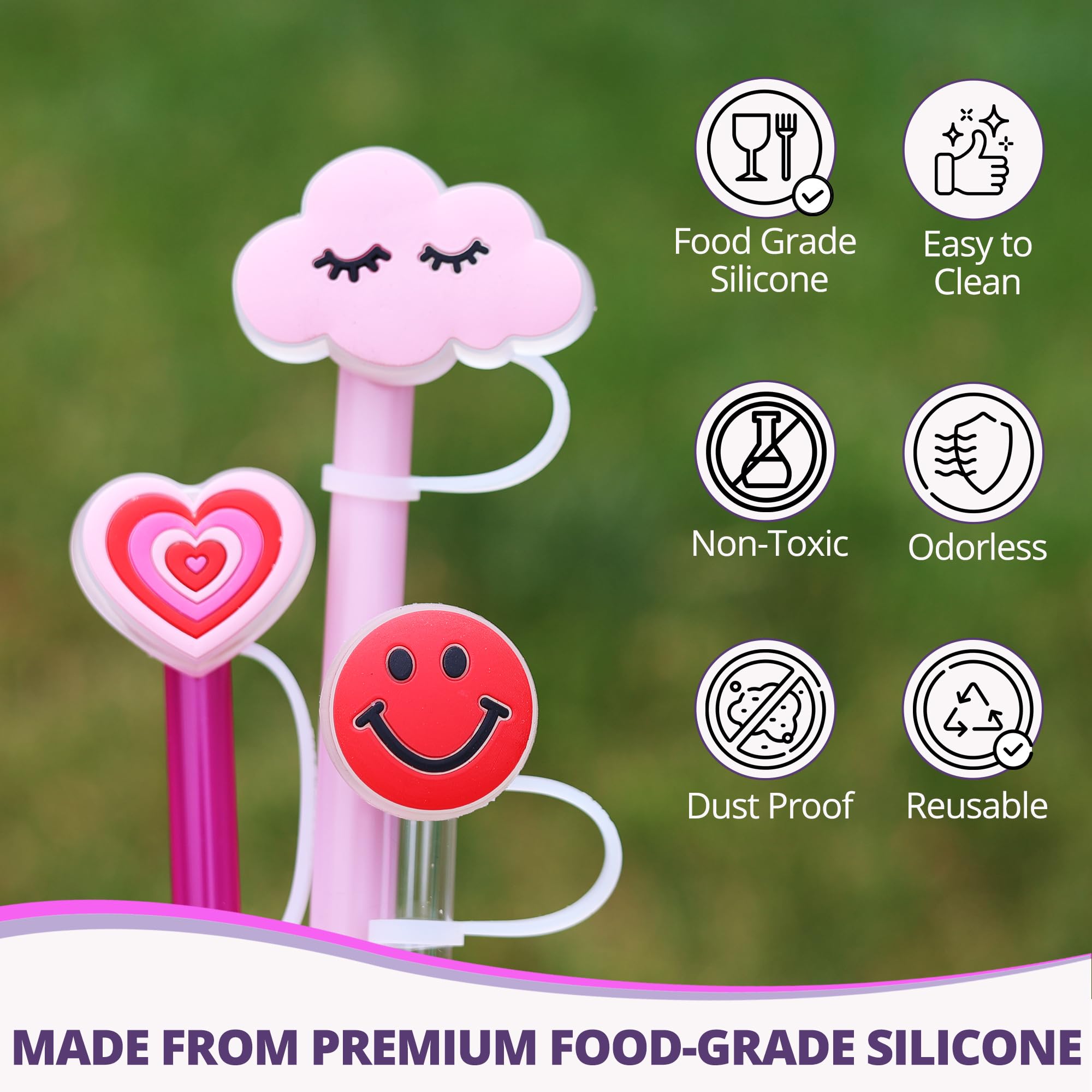 KikiAvenue 3 Piece Glow In The Dark Straw Covers Compatible With Stanley 30 & 40oz Tumbler Cups, Unique Heart, Cloud and Smiley Face Light Up Design Perfect For 9.5-10MM Straws