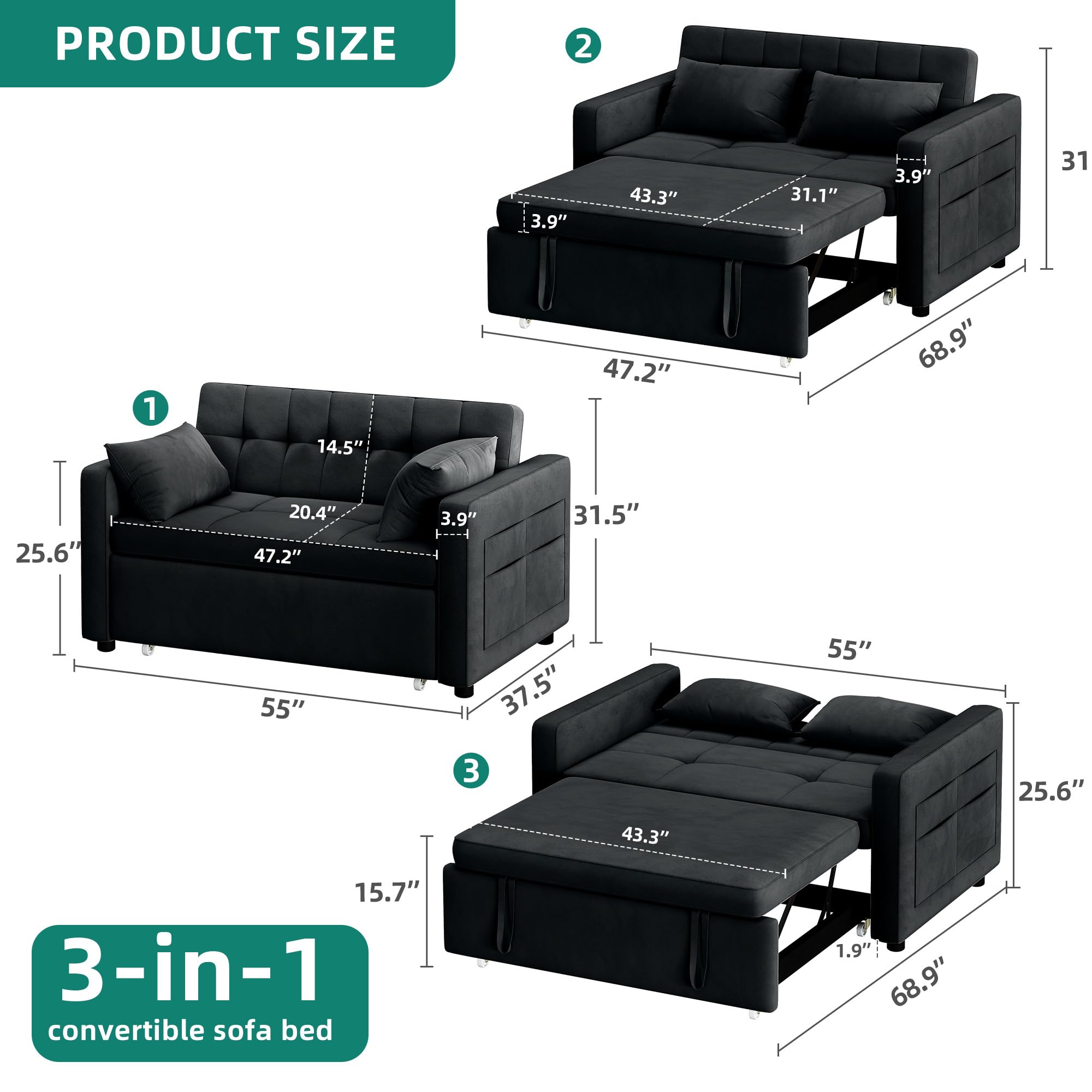 YITAHOME 55" Convertible Sofa Bed, 3-in-1 Sleeper Sofa with Pull-Out Bed, Velvet Futon Couch with Reclining Backrest and Side Pocket, Modern Loveseat for Living Room, Black, Full Size