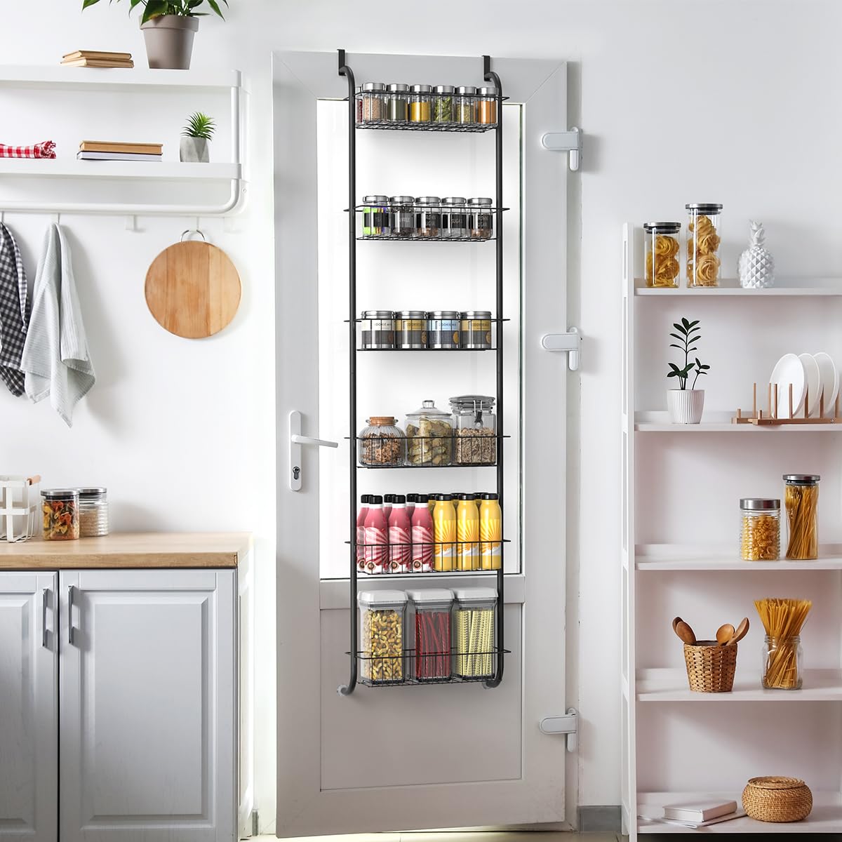 melos White Over The Door Pantry Organizer Rack, 8 Tier Heavy-Duty Metal Back Of Door Shelf Organizer, Over The Door Hanging Spice Rack With 8 Baskets for Closet, Bathroom, Kitchen