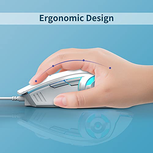 NACODEX AJ120 White Gaming Mouse Programmable 6 Buttons, 4 Adjustable DPI Up to 8000 for Window PC Gamer with Electroplating Wings Design