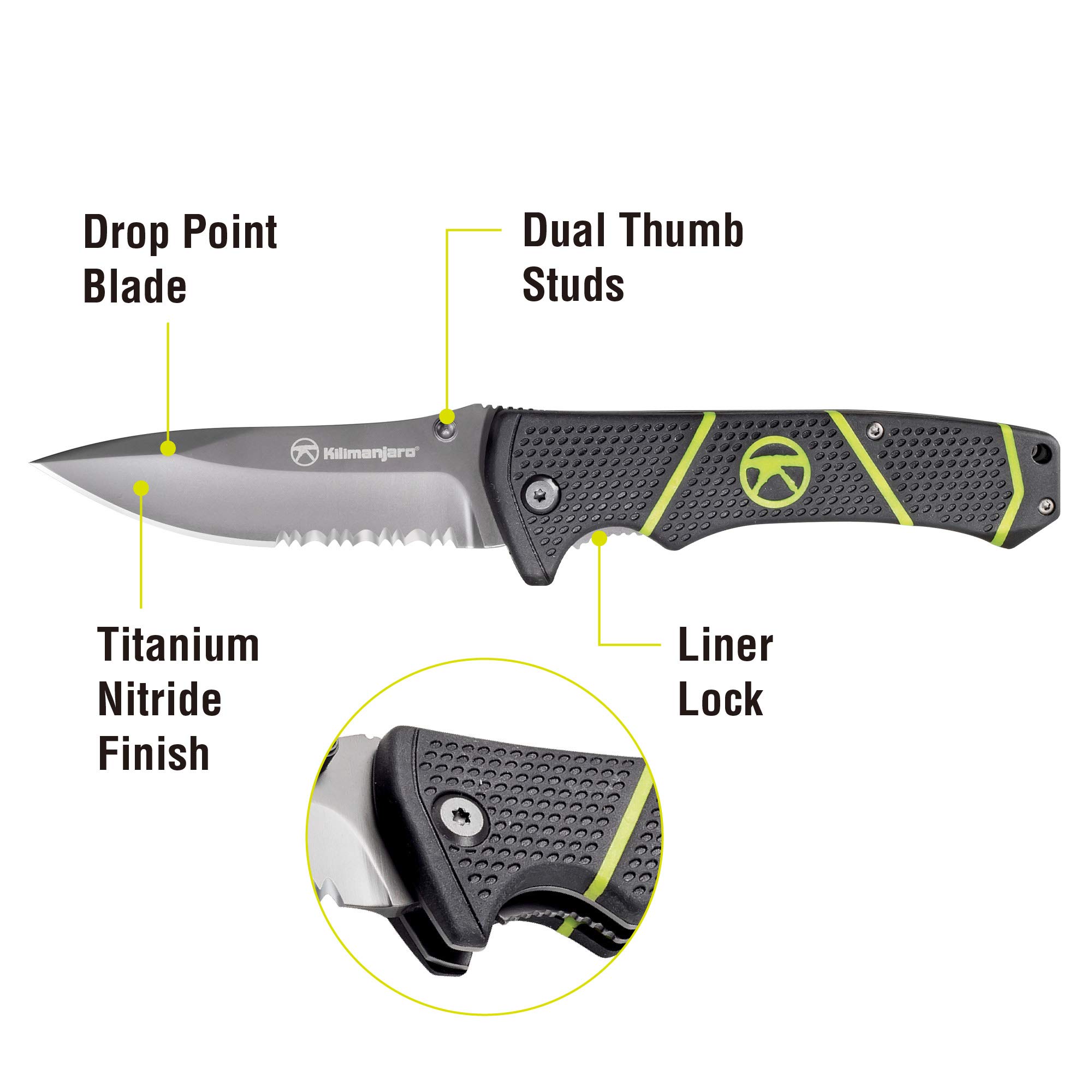 Kilimanjaro Drop Point Folding Knife, Pocket Knife for Outdoors, Camping, Hunting, Fishing, Serrated Blade, Kibo Black 910092