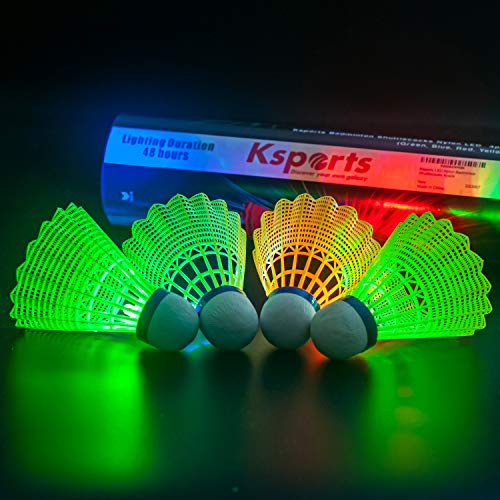 Ksports LED Badminton Shuttlecocks 4 Pack Tube − Glow in The Dark Lighting Birdies Shuttlecocks − with 4 Different LED Colors − Red Green Blue Yellow