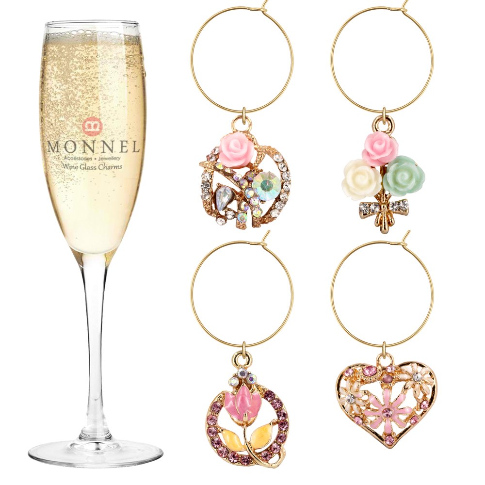 P409 Crystal Heart Flowers Wine Charms Glass Marker for Party with Velvet Bag (Pink ,Set of 4)