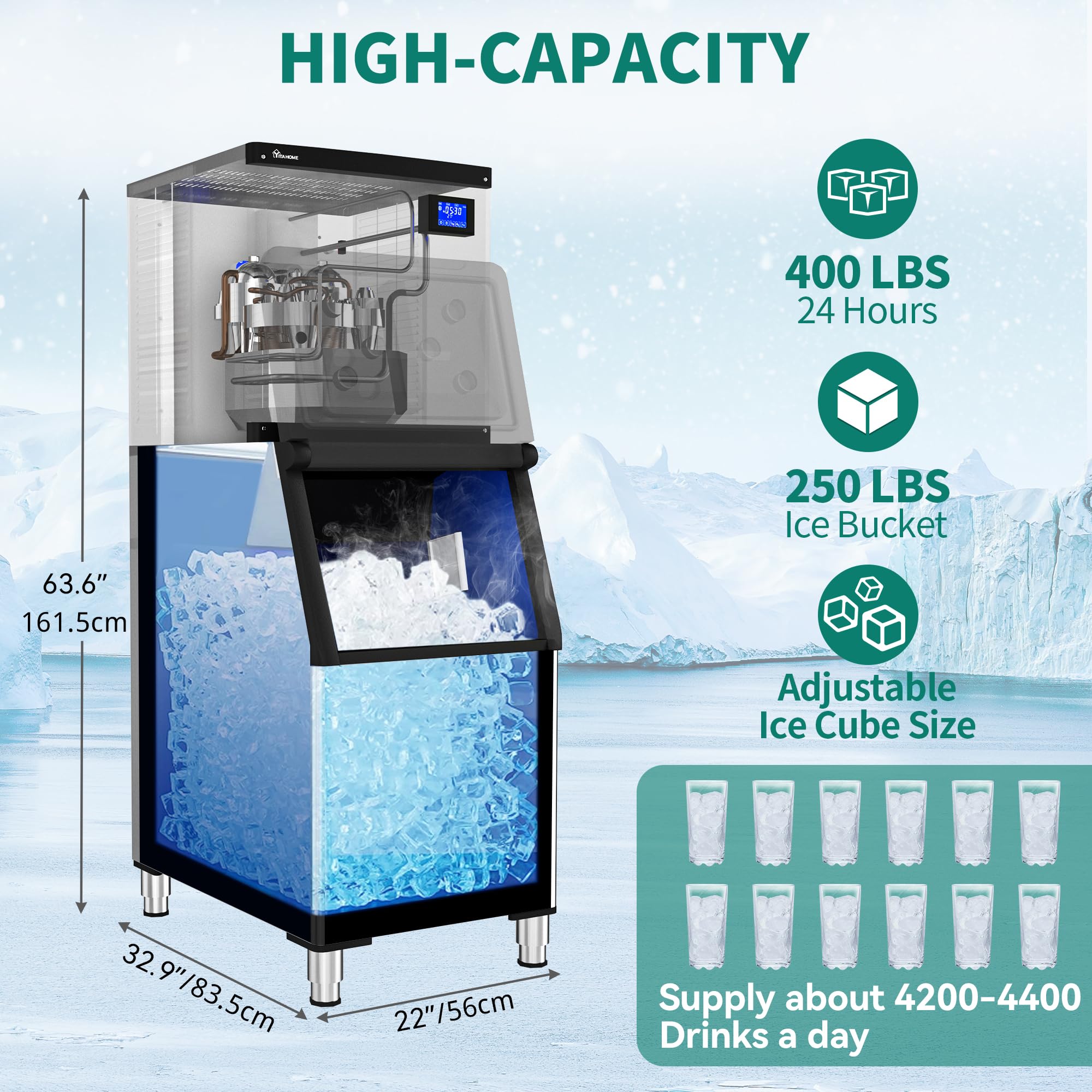 YITAHOME Commercial Ice Maker Machine 400LBS/24H with 250 LBS Storage Bin, Upgraded Compressor, Auto Self-Cleaning, 1000W Stainless Steel Industrial Ice Machine for Restaurant Business Cafe Shop
