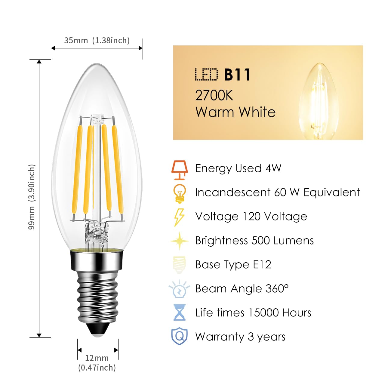 LVWIT B11 Filament Bulb E26 Base Non-Dimmable 6W(60W Equivalent) 2700K Warm White Chandelier Decorative Candle Light Bulb 6 Pack