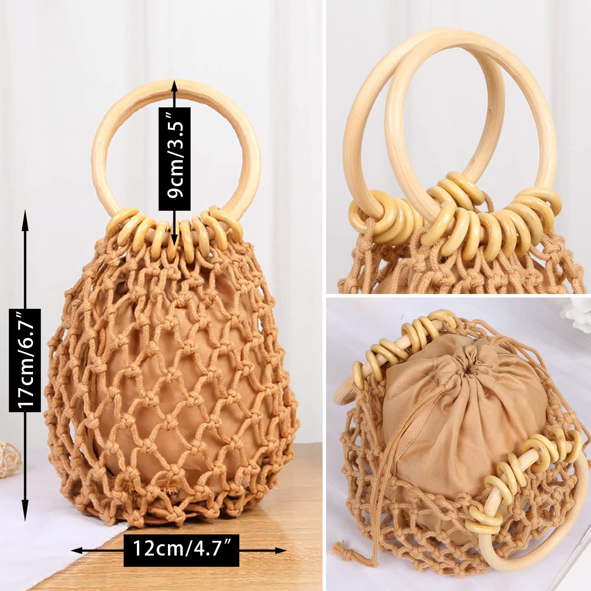 NIBD Women Mini Clutch Tote Handbag Woven Handbag Top-handle Bucket Drawstring Bag Summer Beach Fishing Net Bag Purse (Brown)