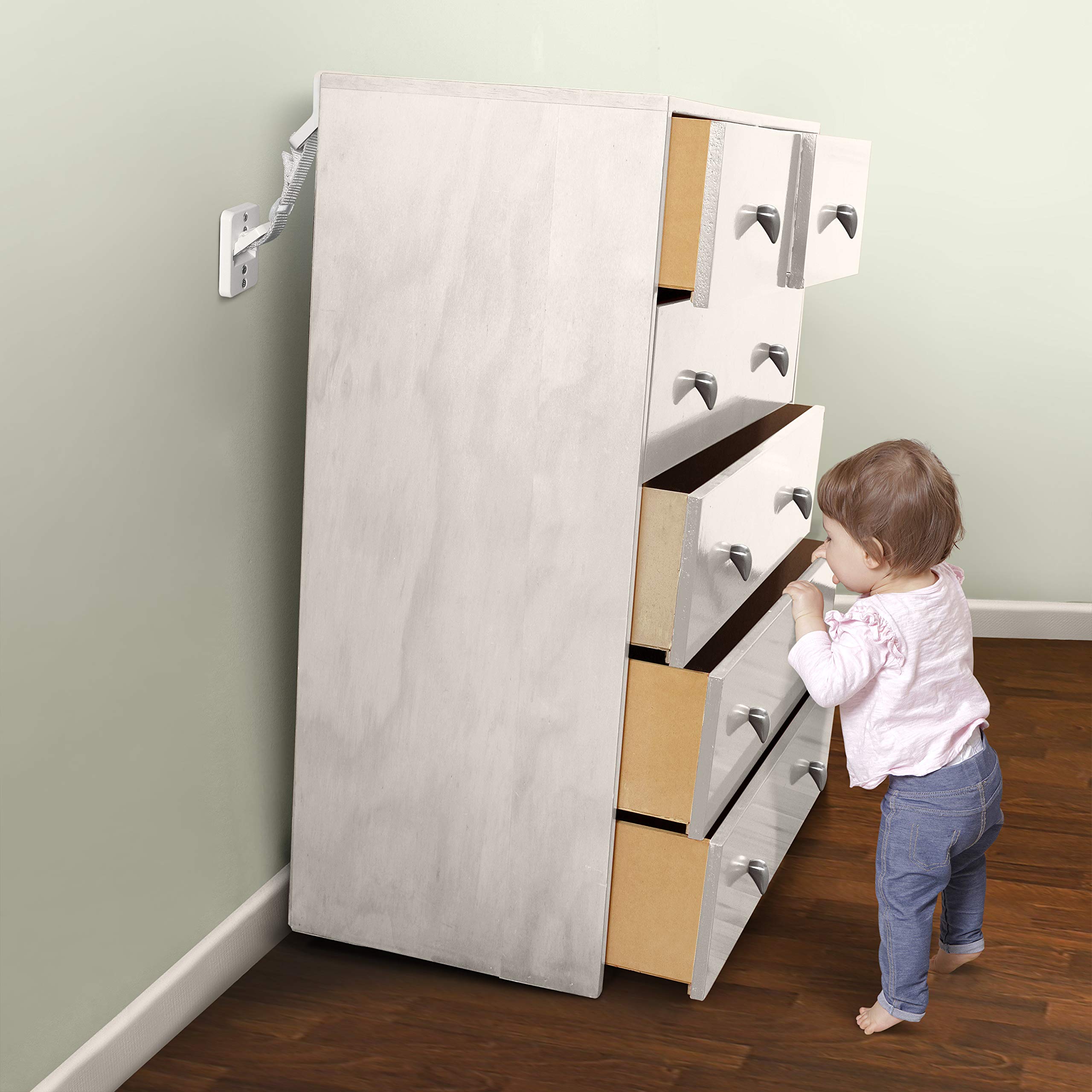 Little Chicks Anti-Tip Hinged Furniture Baby Safety Wall Anchors, Adjustable Strap & Maximum Strength Security - 2 Pack - Model CK035