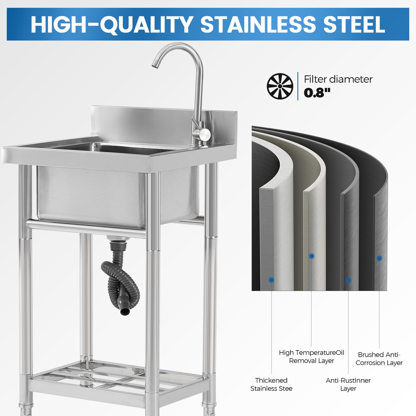 KUARBARR Stainless Steel Utility Sink Free Standing Single Bowl Set Prep Sink Station for Restaurant Kitchens Laundry Room Bathroom Farmhouse 22 Inches