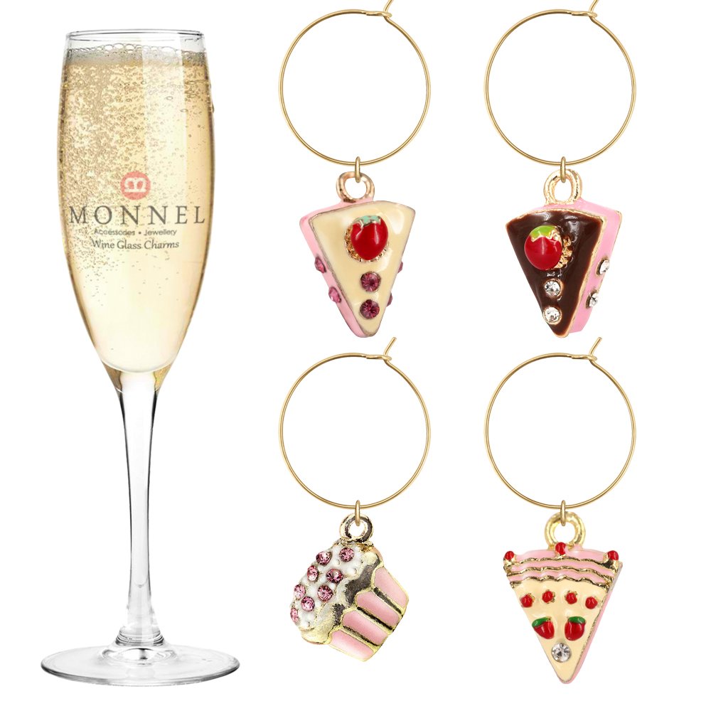 P415 Cute Crystal Pink Cake Cupcake Wine Charms Glass Marker for Party with Velvet Bag- Set of 4