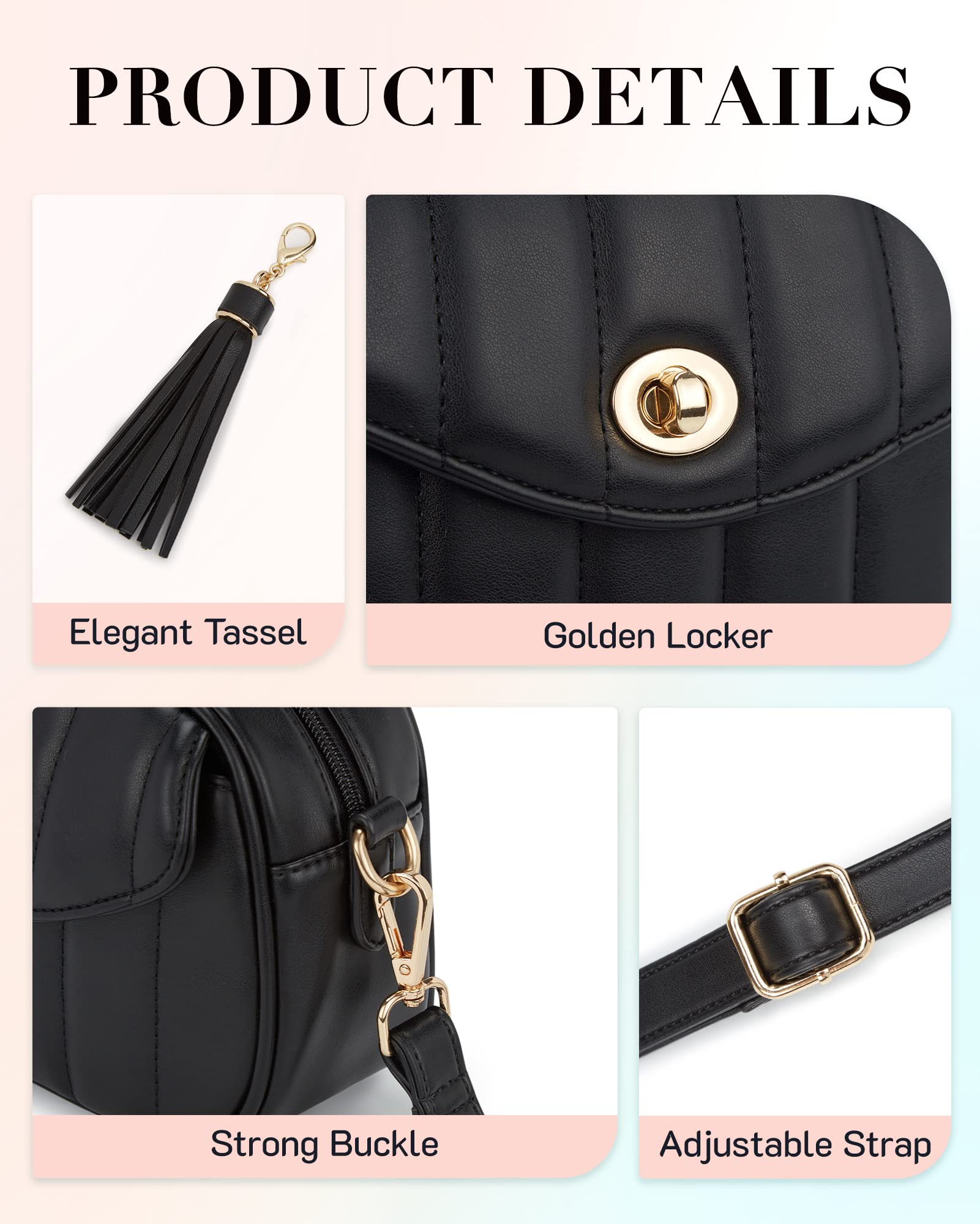 Missnine Crossbody Bags for Women Soft Quilted PU Leather Shoulder Bag Small Purse with Strap and Tassel,Black