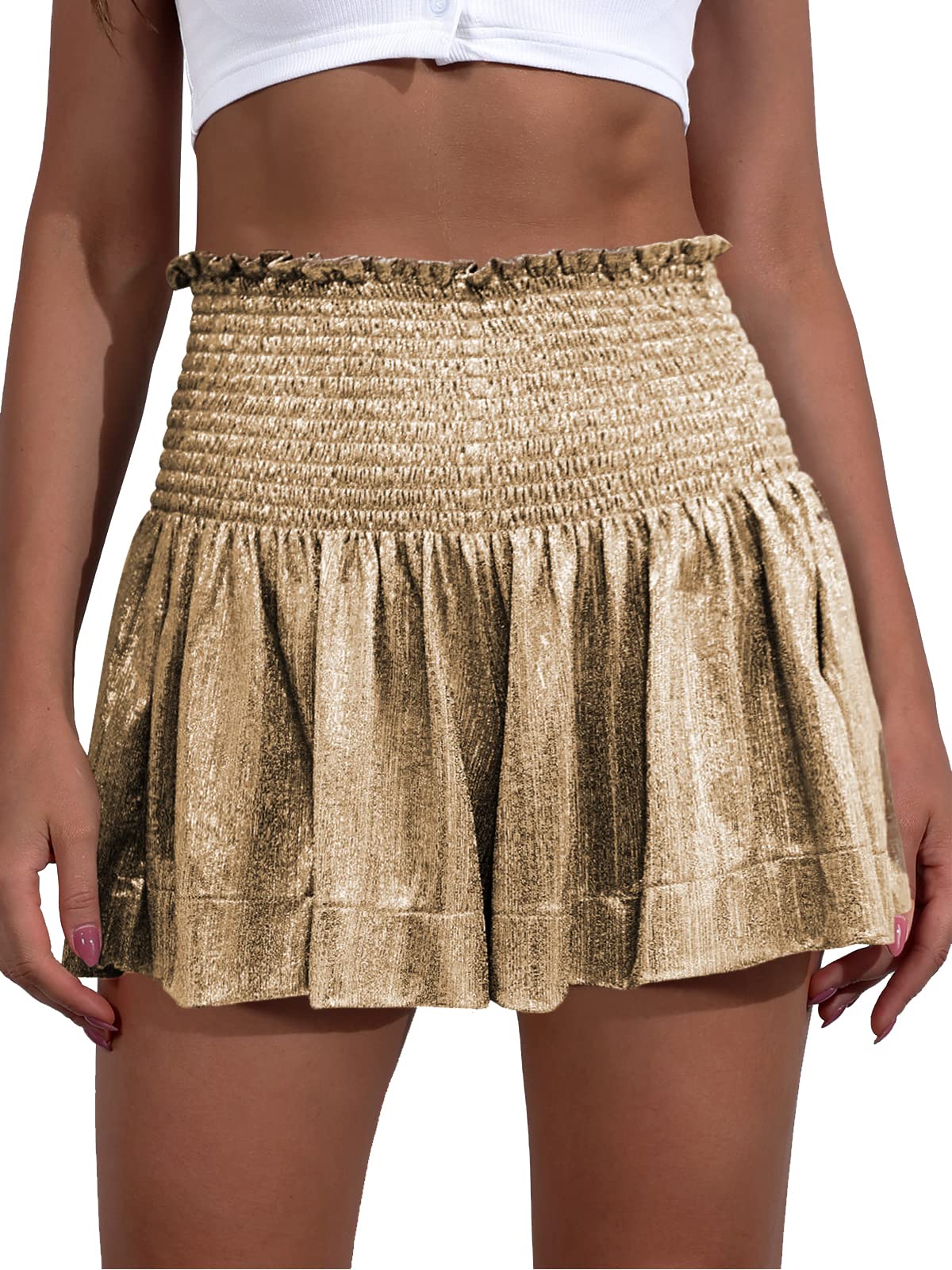 Roevite Women's Sport Running Short Elastic High Wasited GMY Workout Short Flowy Swing Sparkle Shorts(Gold,S)